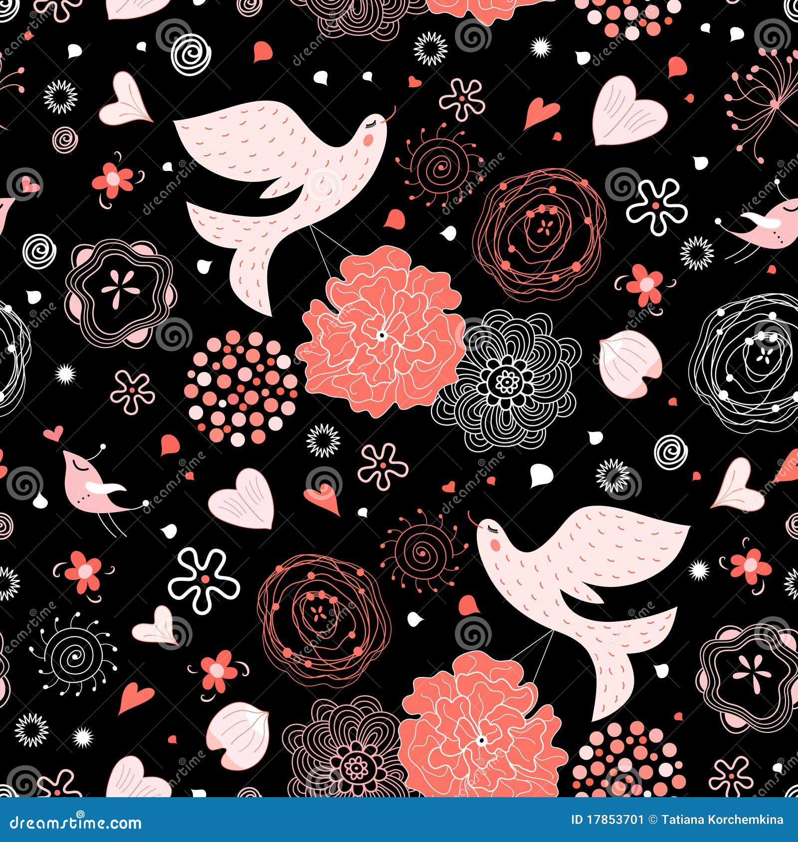 Seamless Floral Pattern with Birds in Love Stock Vector - Illustration ...