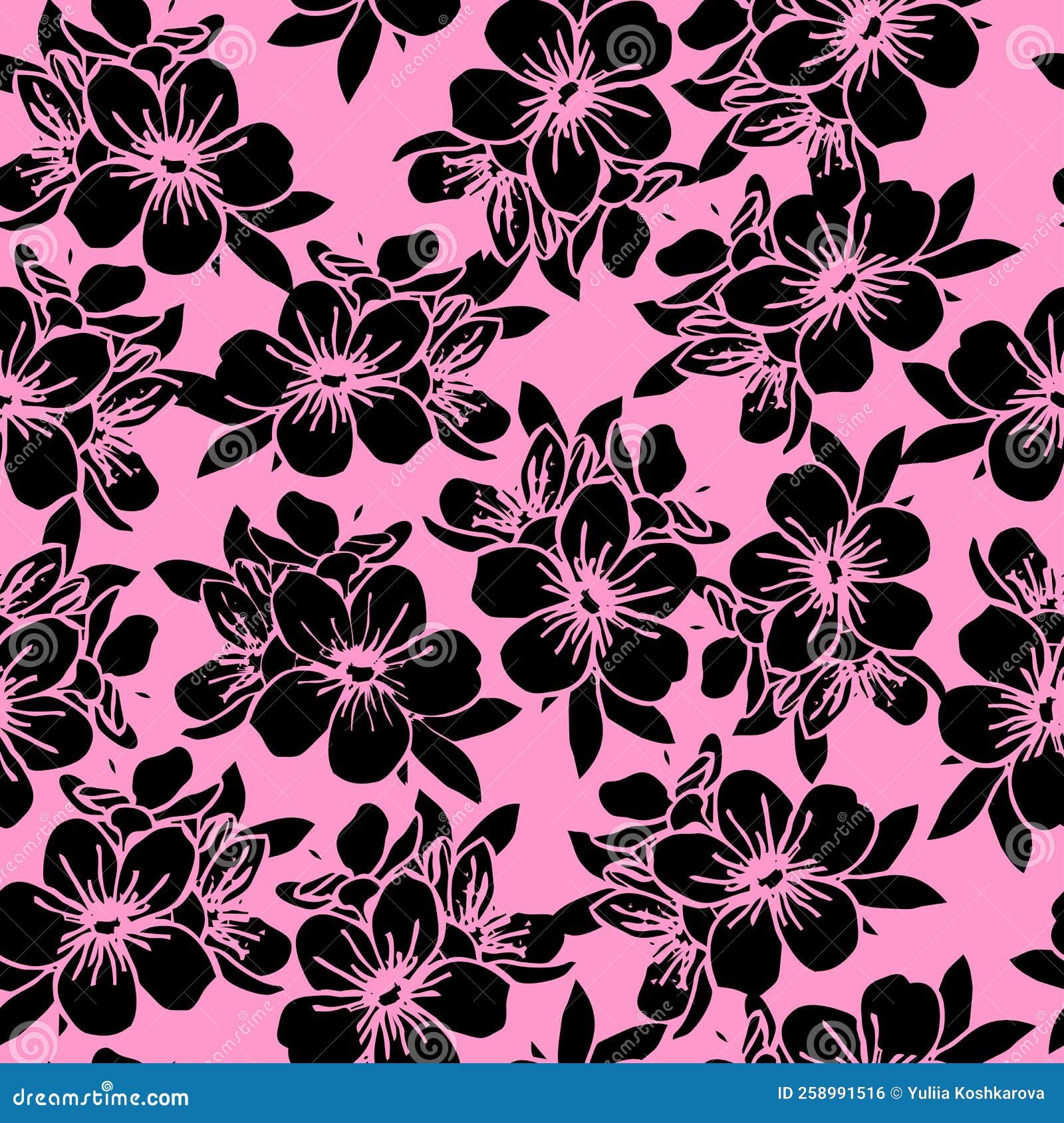 Seamless Floral Pattern of Black Contour Flowers on a Pink Background ...