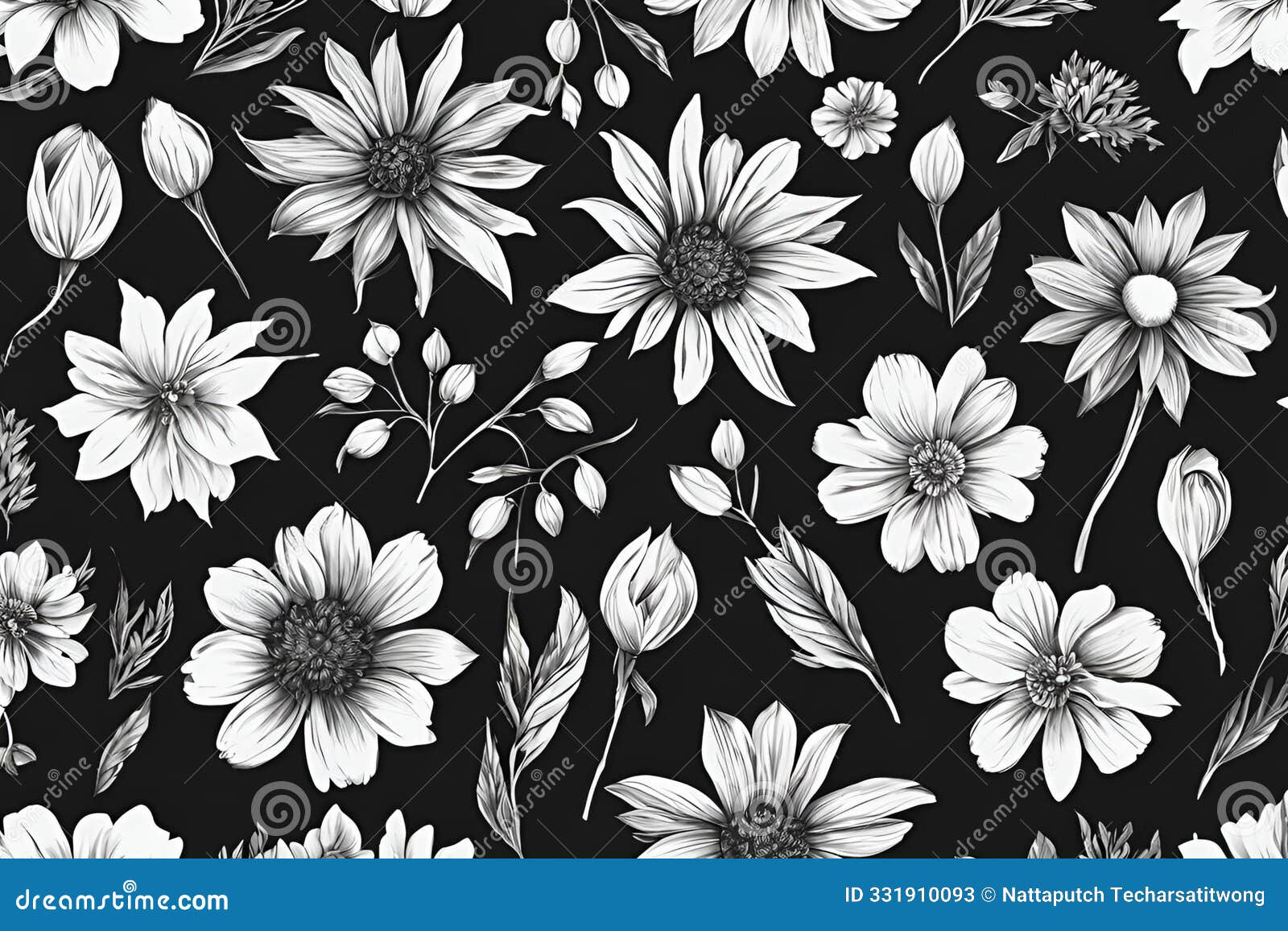 Seamless Floral Pattern of Black and White Hand Drawn Flowers. Light ...
