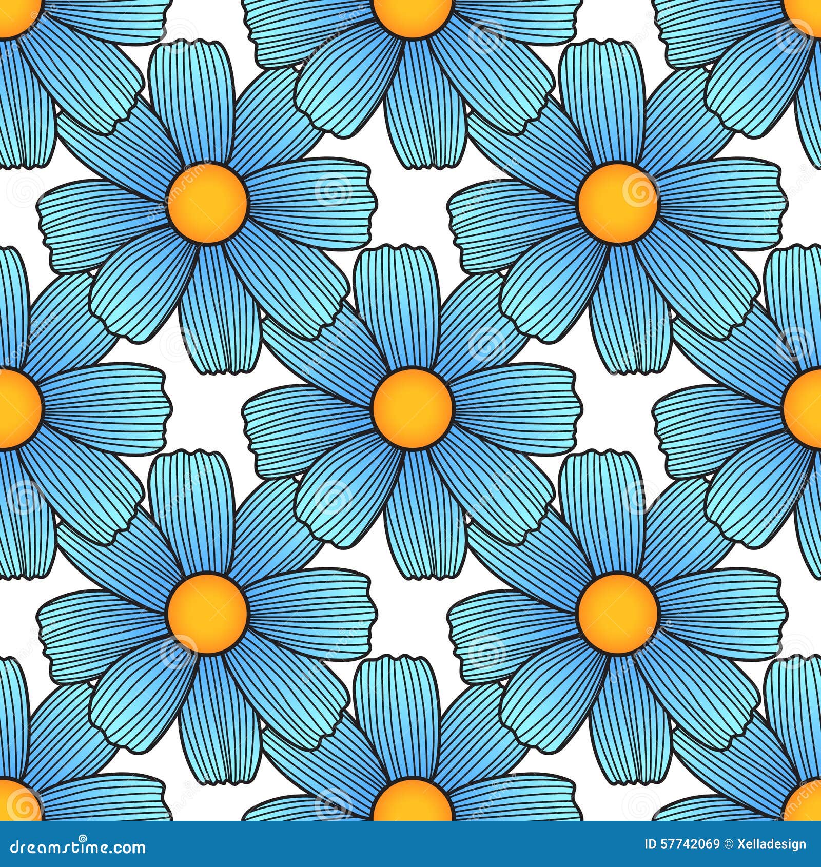 Seamless Floral Pattern with Blue Hand Drawn Daisies. Stock Vector ...