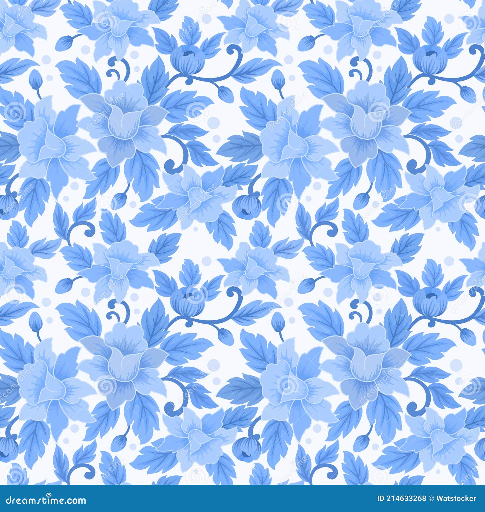 Seamless Floral Pattern on Blue Monochrome Background. Stock Vector ...