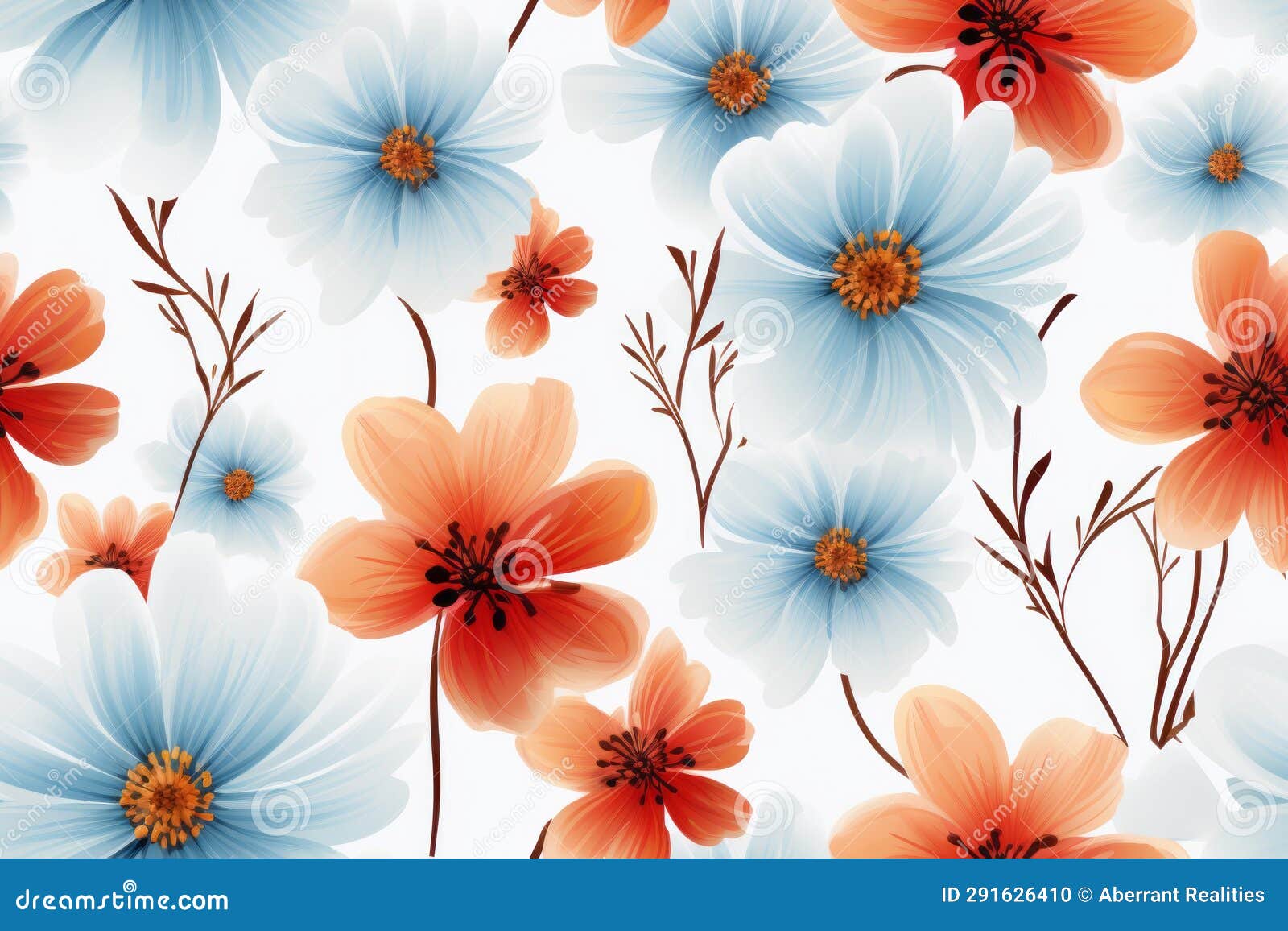 Seamless Floral Pattern with Blue and Orange Flowers on a White ...