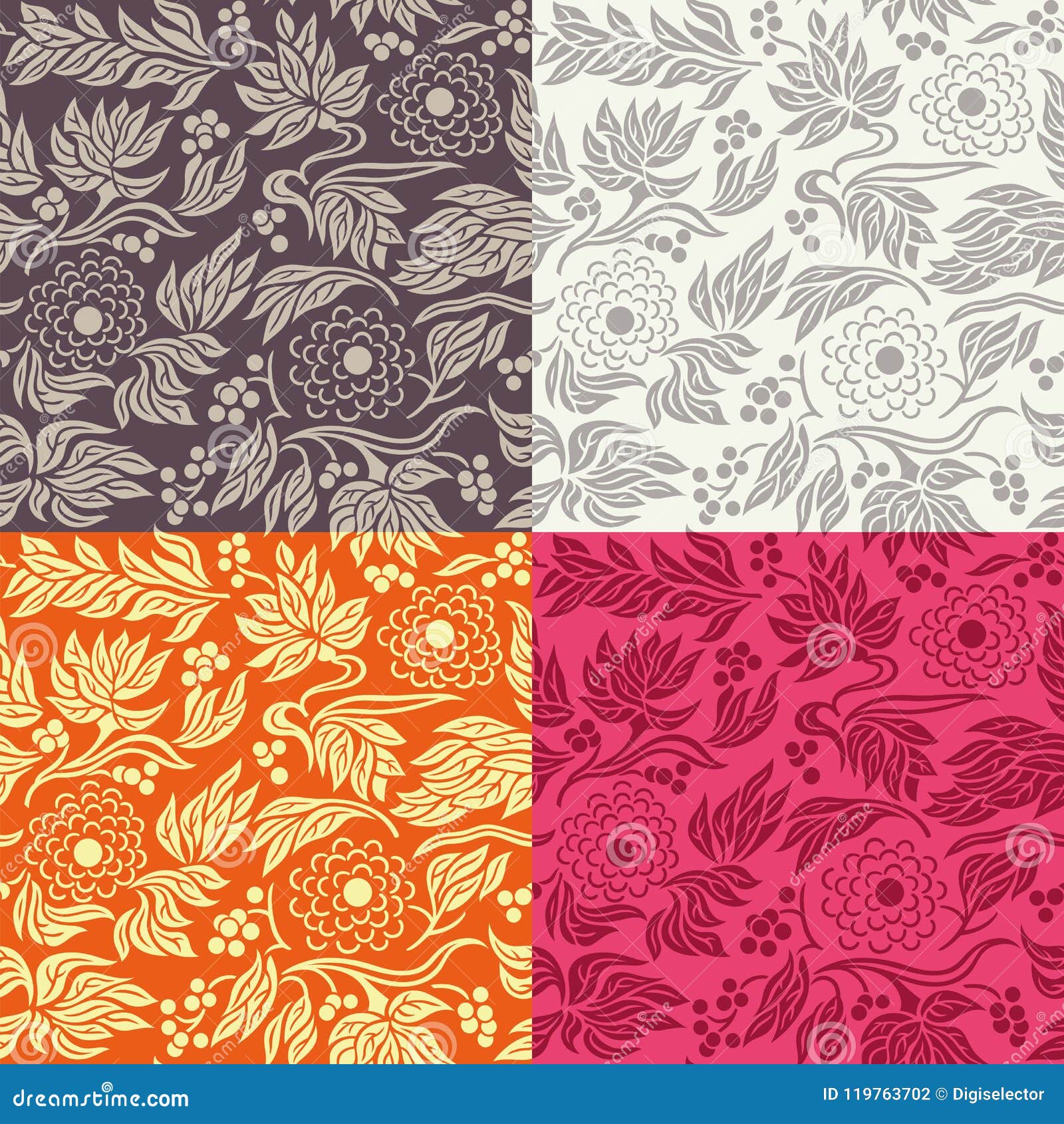 Seamless Floral Pattern In 4 Color Variations Vector Illustration ...