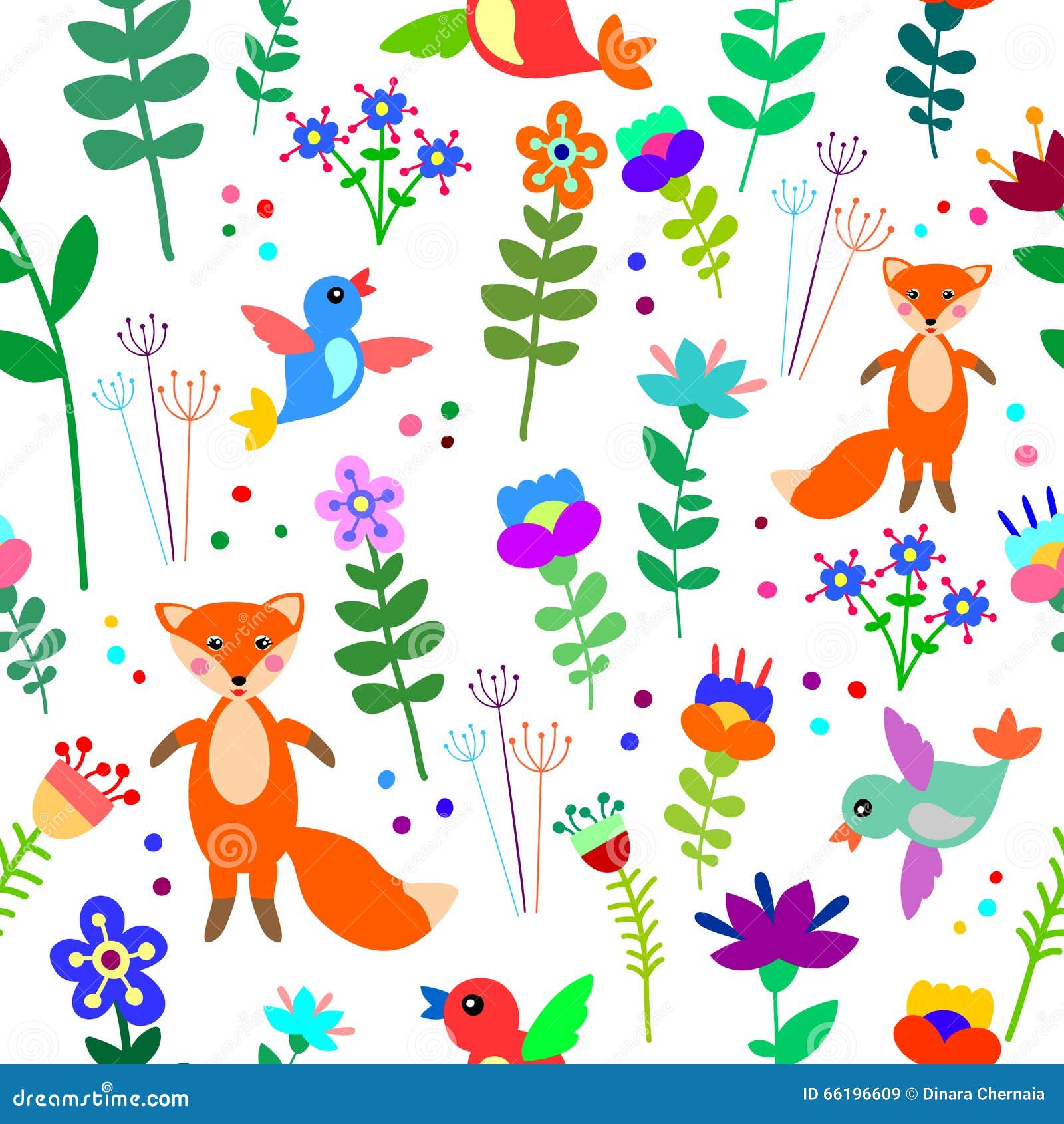 Seamless Floral Pattern with Cute Fox, Flowers and Birds Stock Vector ...