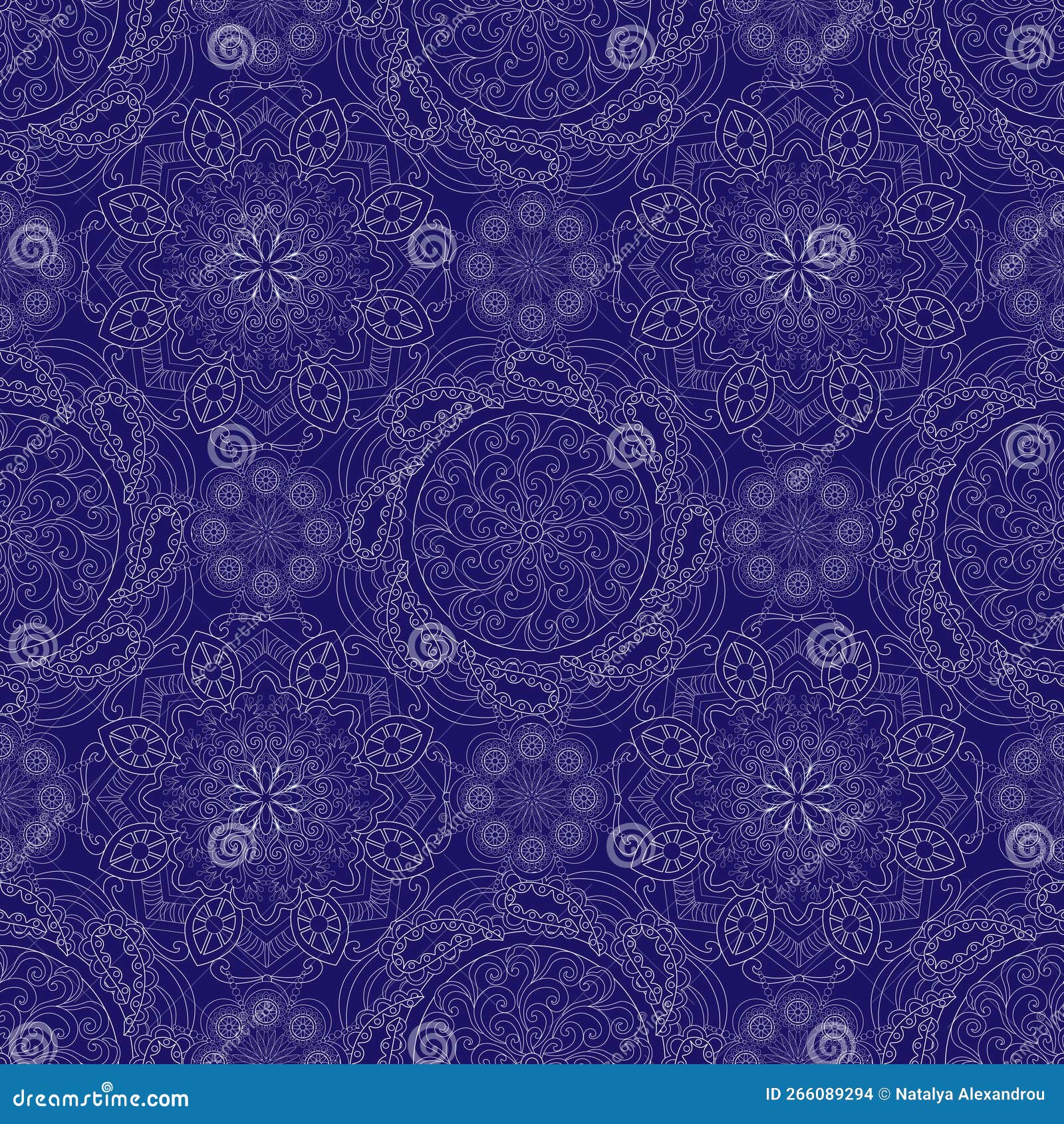 Damask Style Pattern, White Mandalas, Blue Background. Stock Vector ...