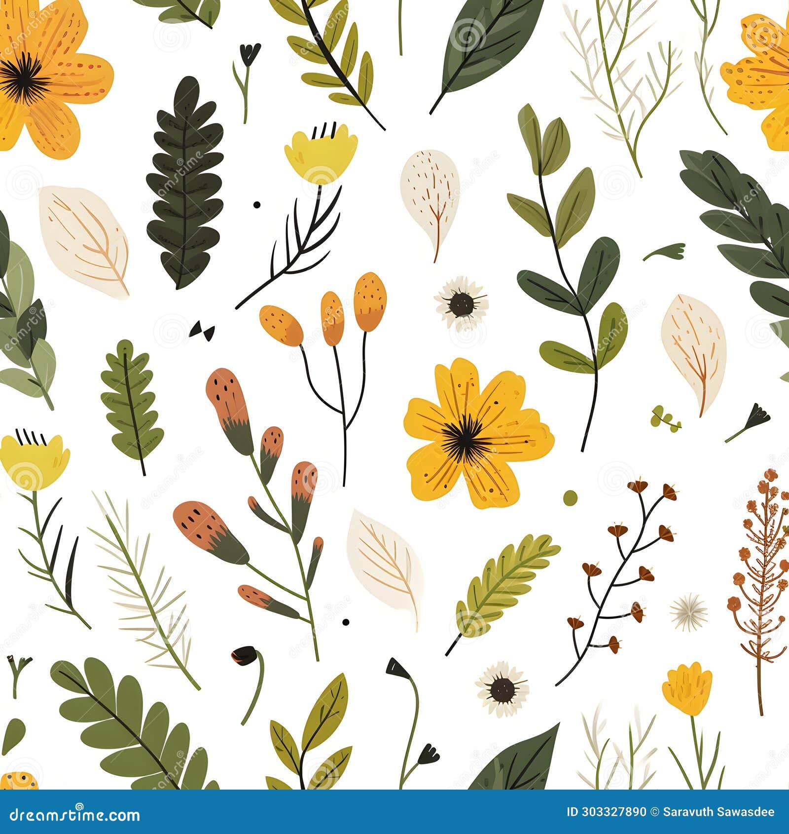 Seamless Floral Pattern of Dried Flowers and Dried Leaves Stock Illustration - Illustration of ...