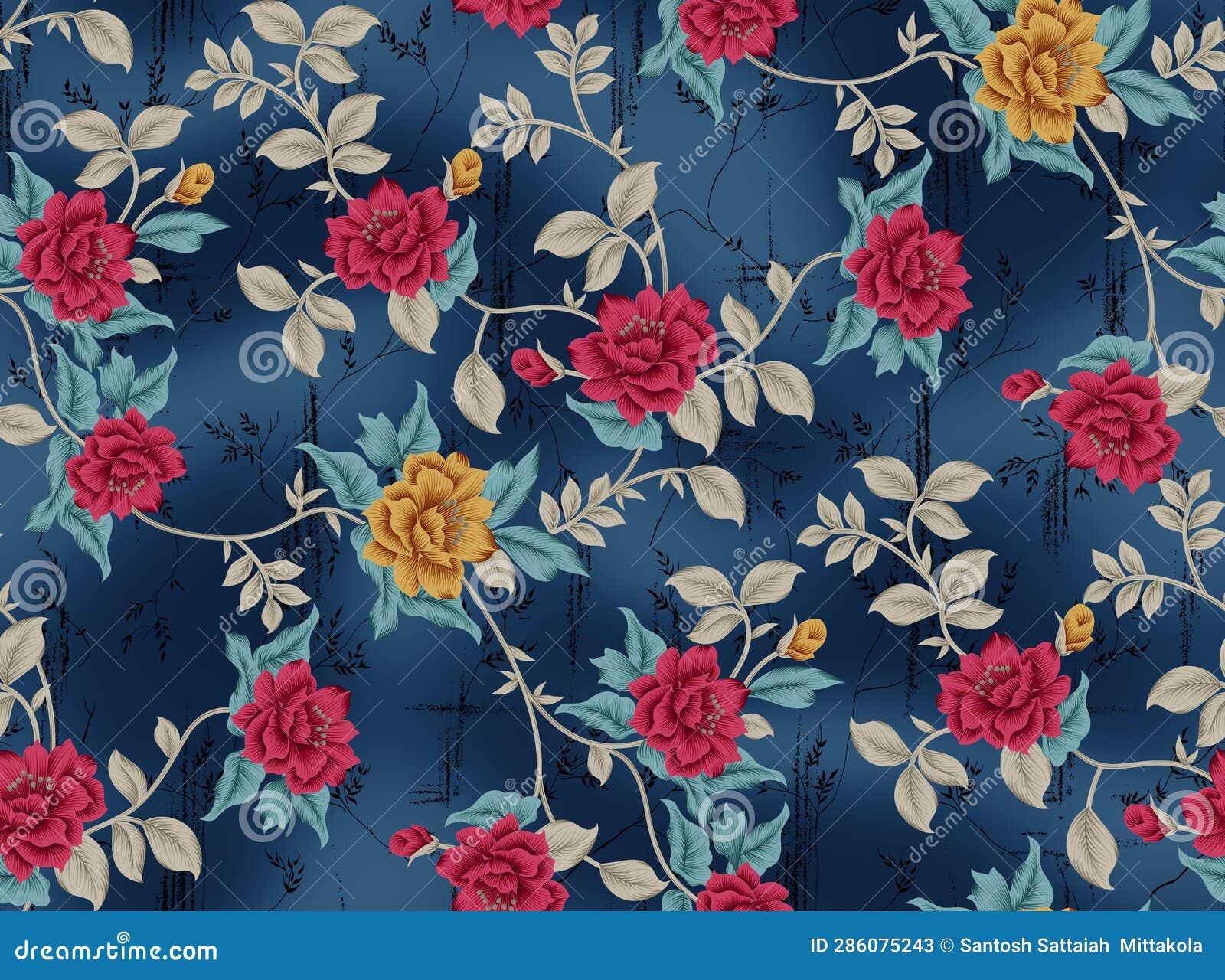 Seamless Floral Pattern with Flowers and Navy Blue Background Stock ...