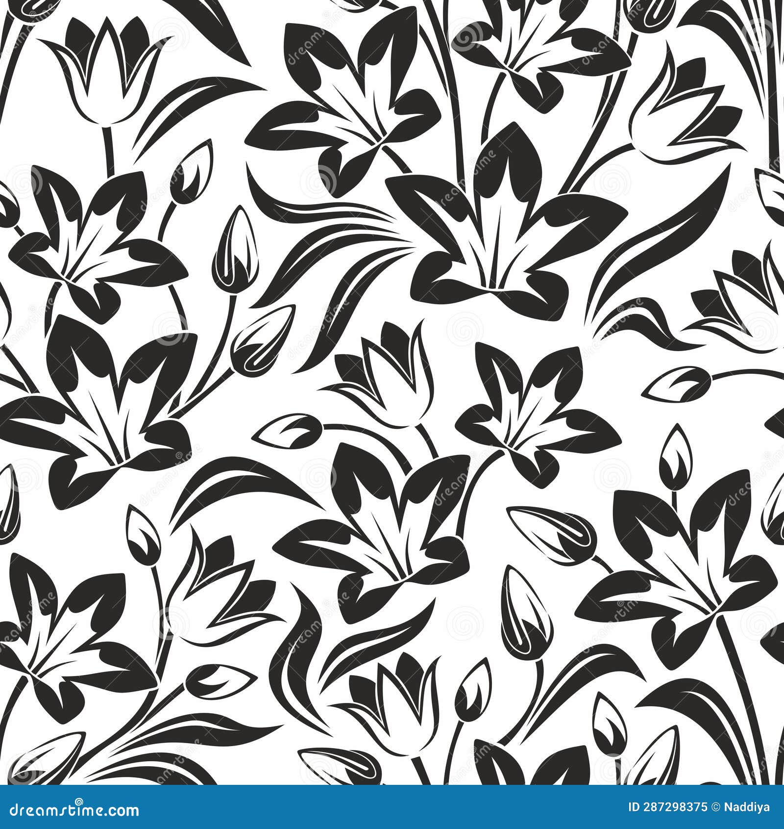 Black and White Floral Pattern with Flowers. Vector Seamless Background ...
