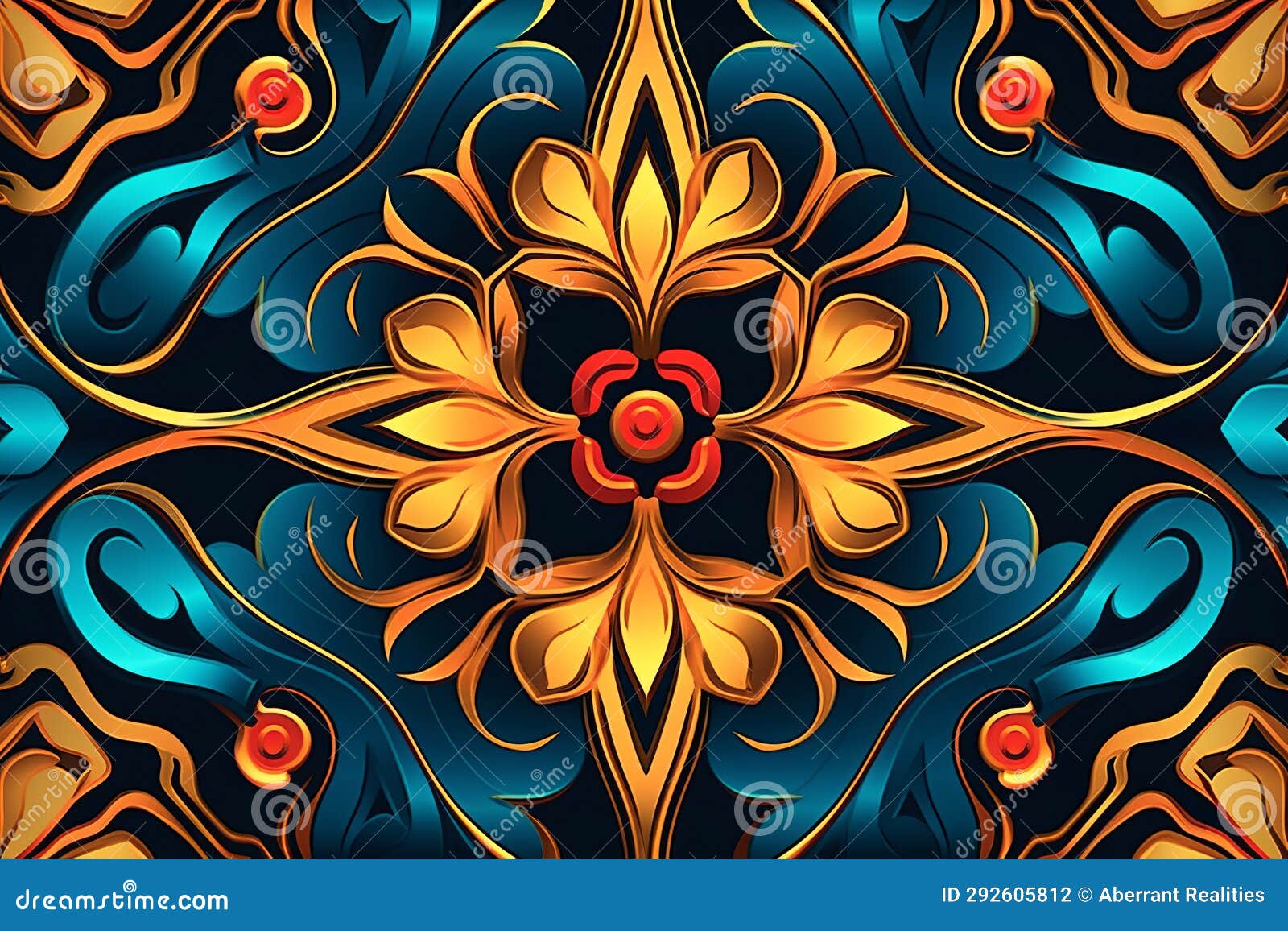 Seamless Floral Pattern with Gold and Blue Colors on a Black Background ...
