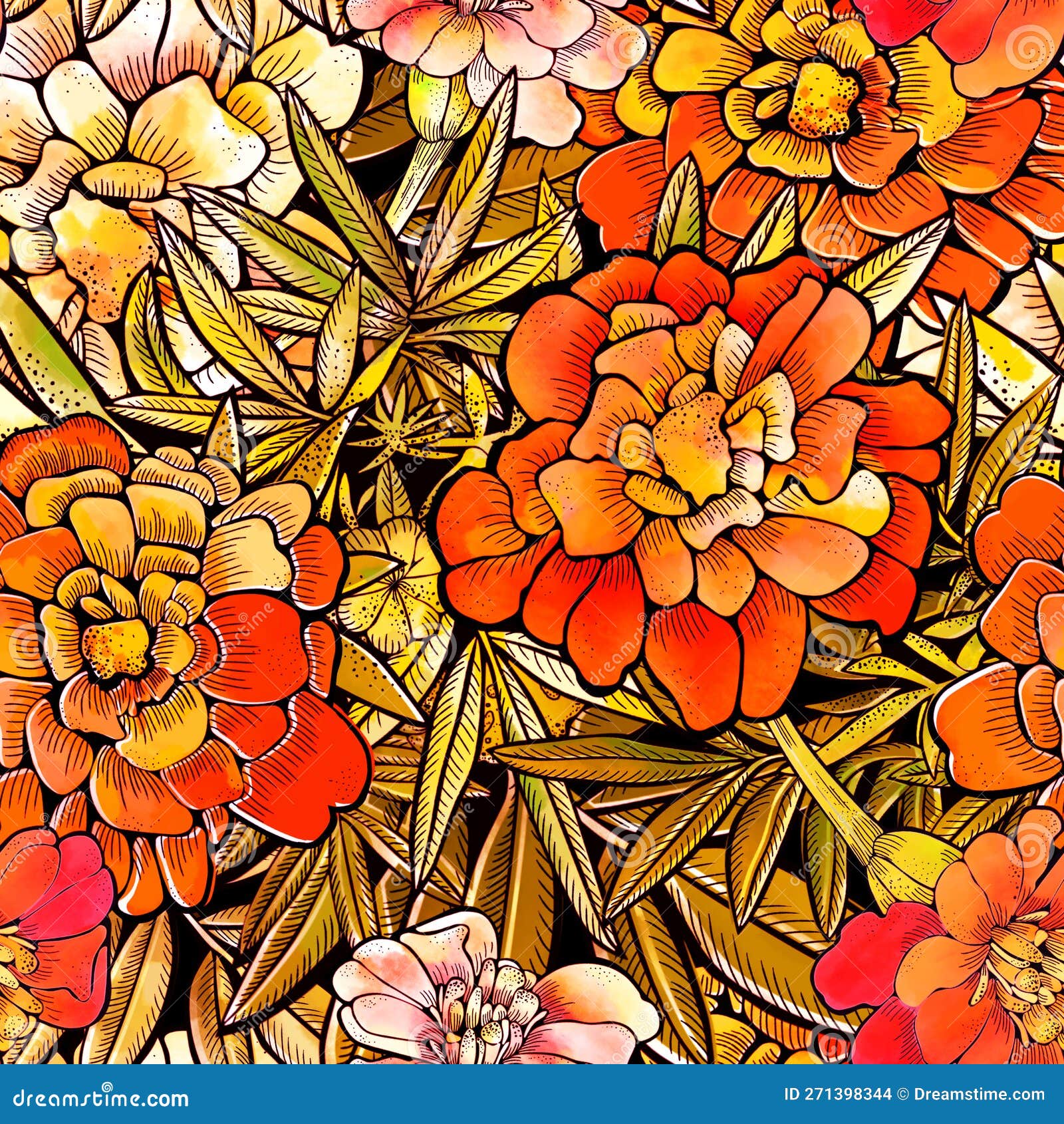Bright Decorative Floral Pattern of Marigolds. Graphics, Watercolor ...