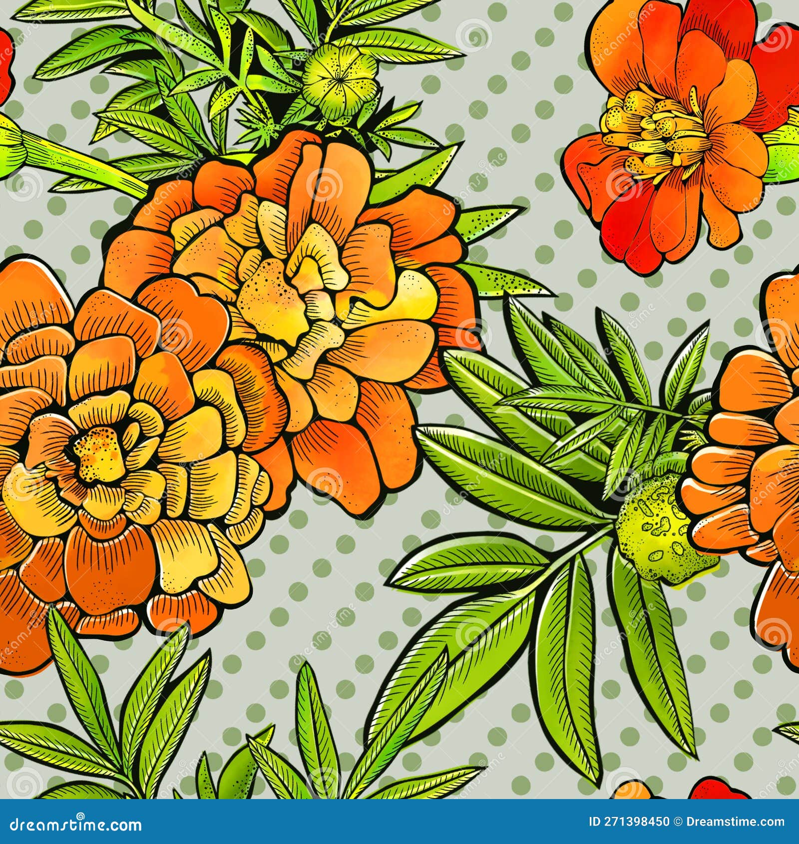 Decorative Floral Pattern of Marigolds on a Gray Polka Dot Background ...