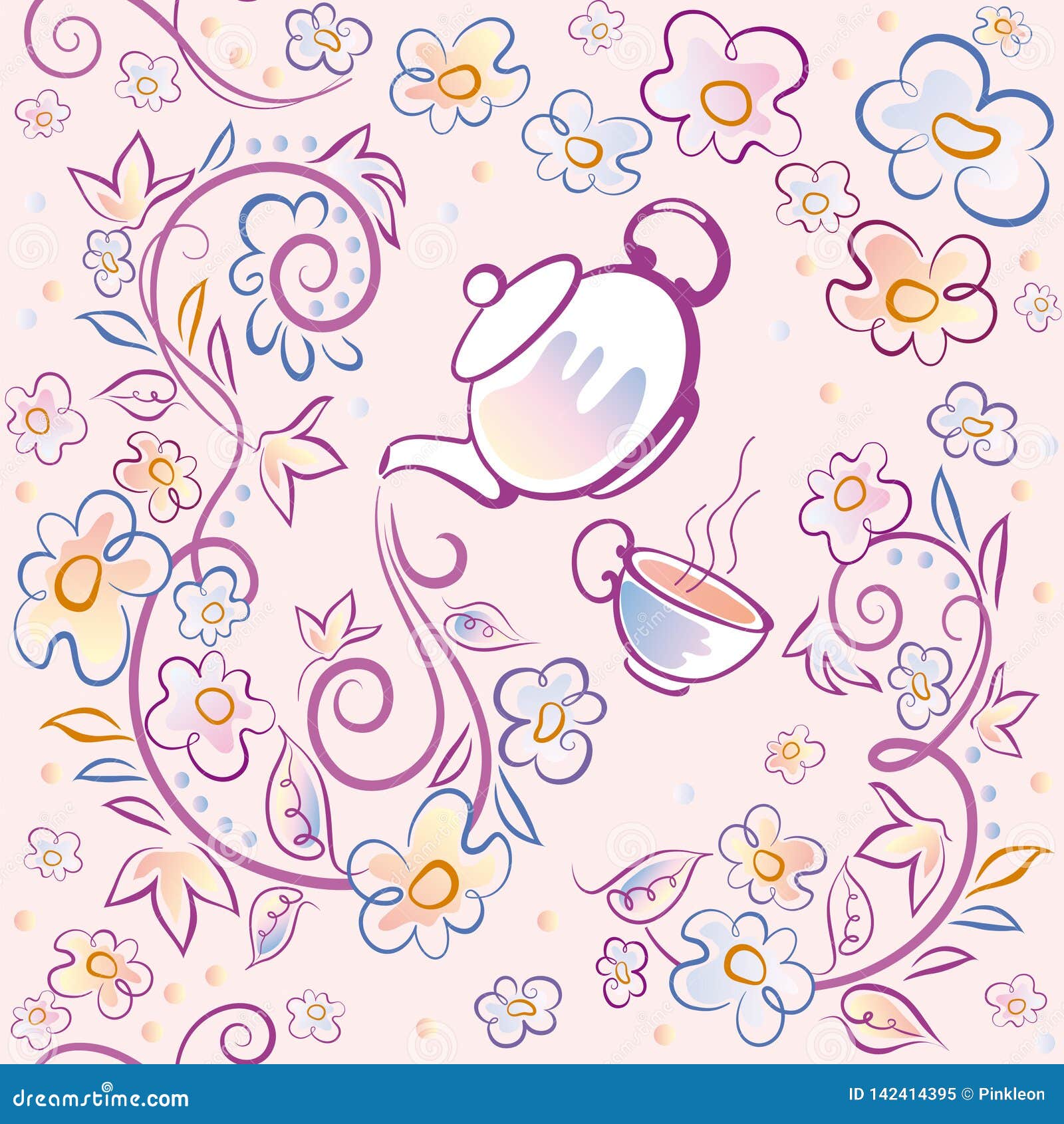 Seamless Floral Pattern with Mug and Kettle Stock Illustration ...