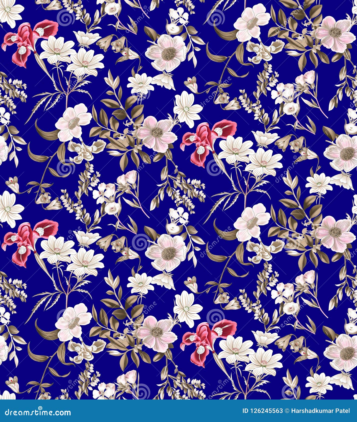 Seamless Floral Pattern on Navy Background Stock Illustration ...