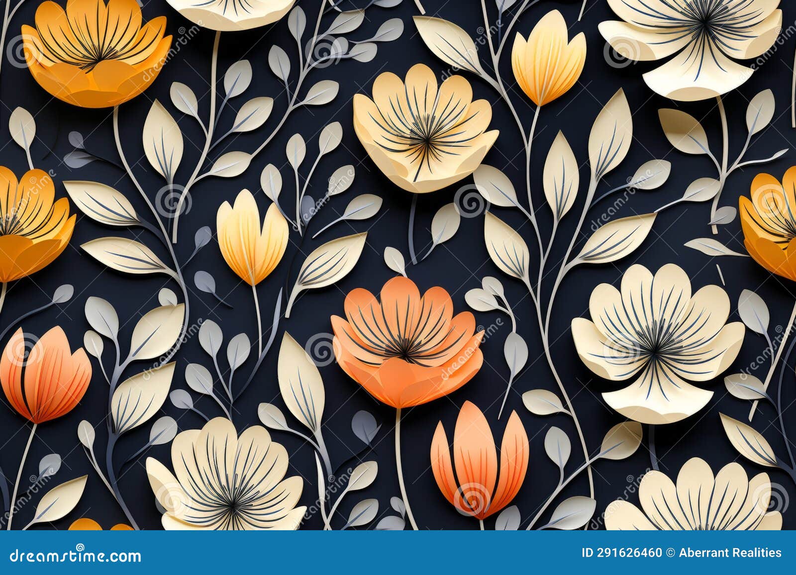 Seamless Floral Pattern with Orange and Yellow Flowers on a Black ...