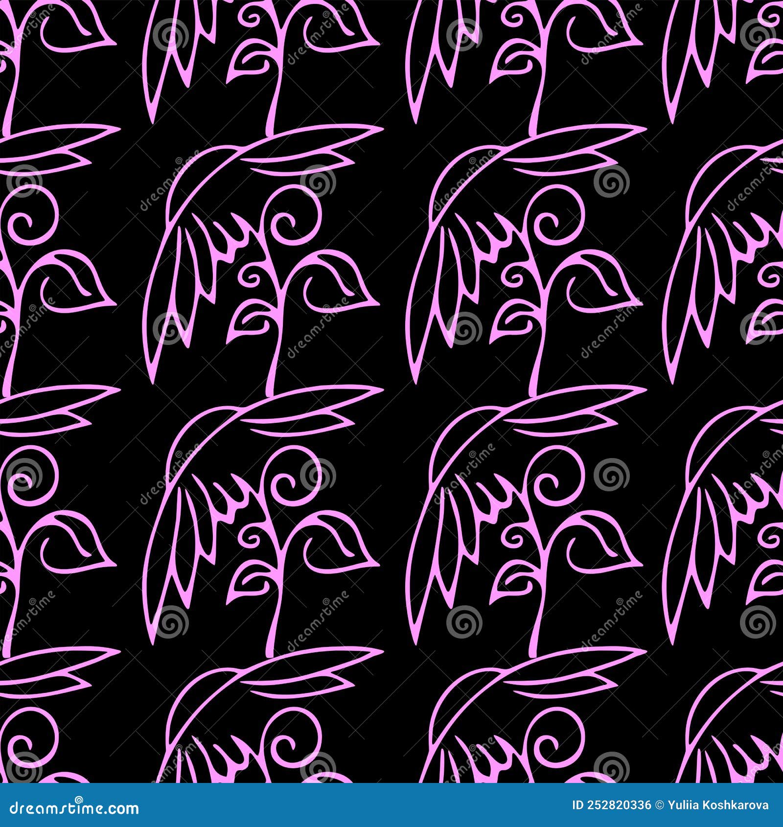 Seamless Floral Pattern of Pink Contour Flowers on a Black Background ...