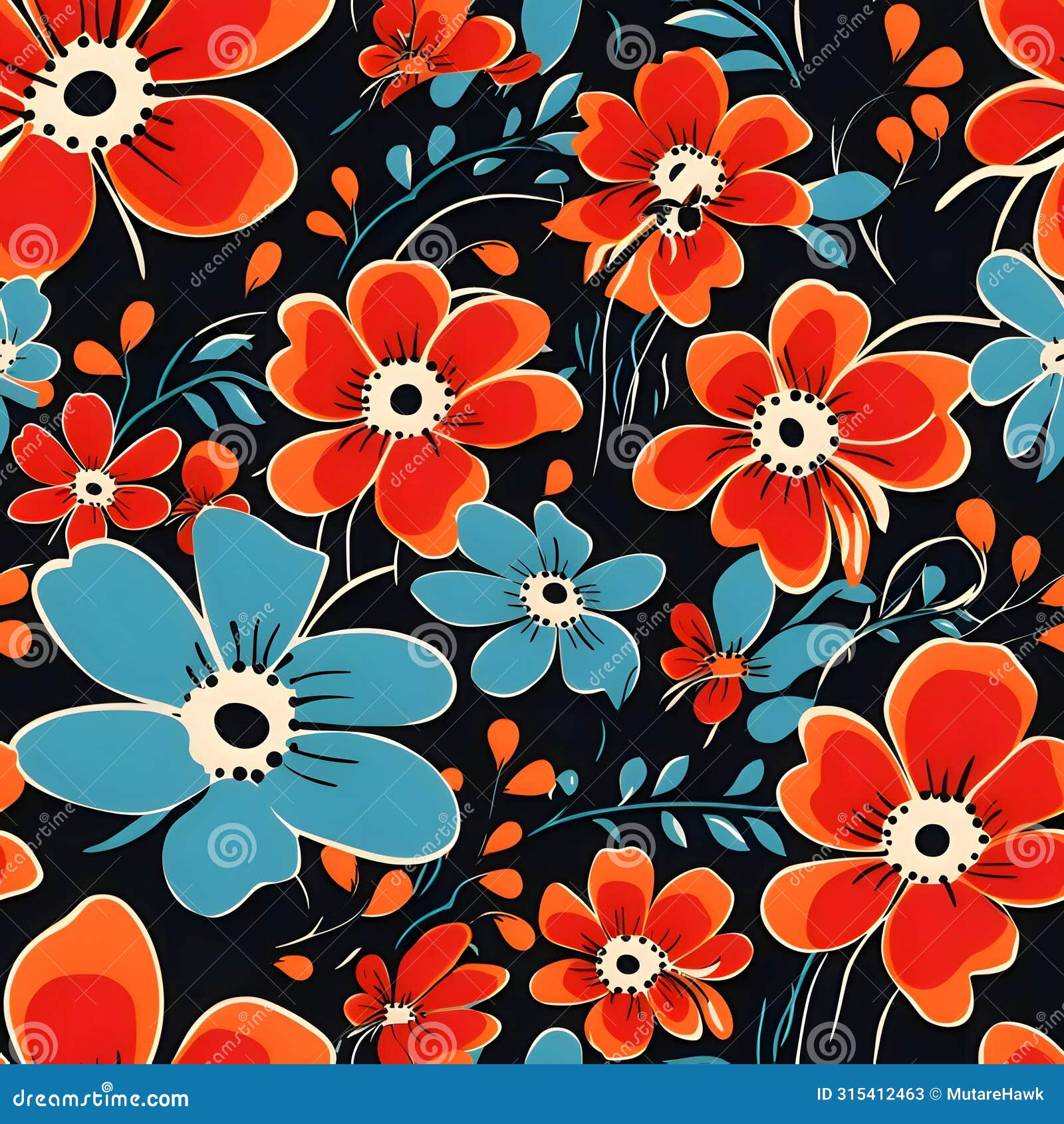 Seamless Floral Pattern with Red and Blue Flowers on Black Background ...
