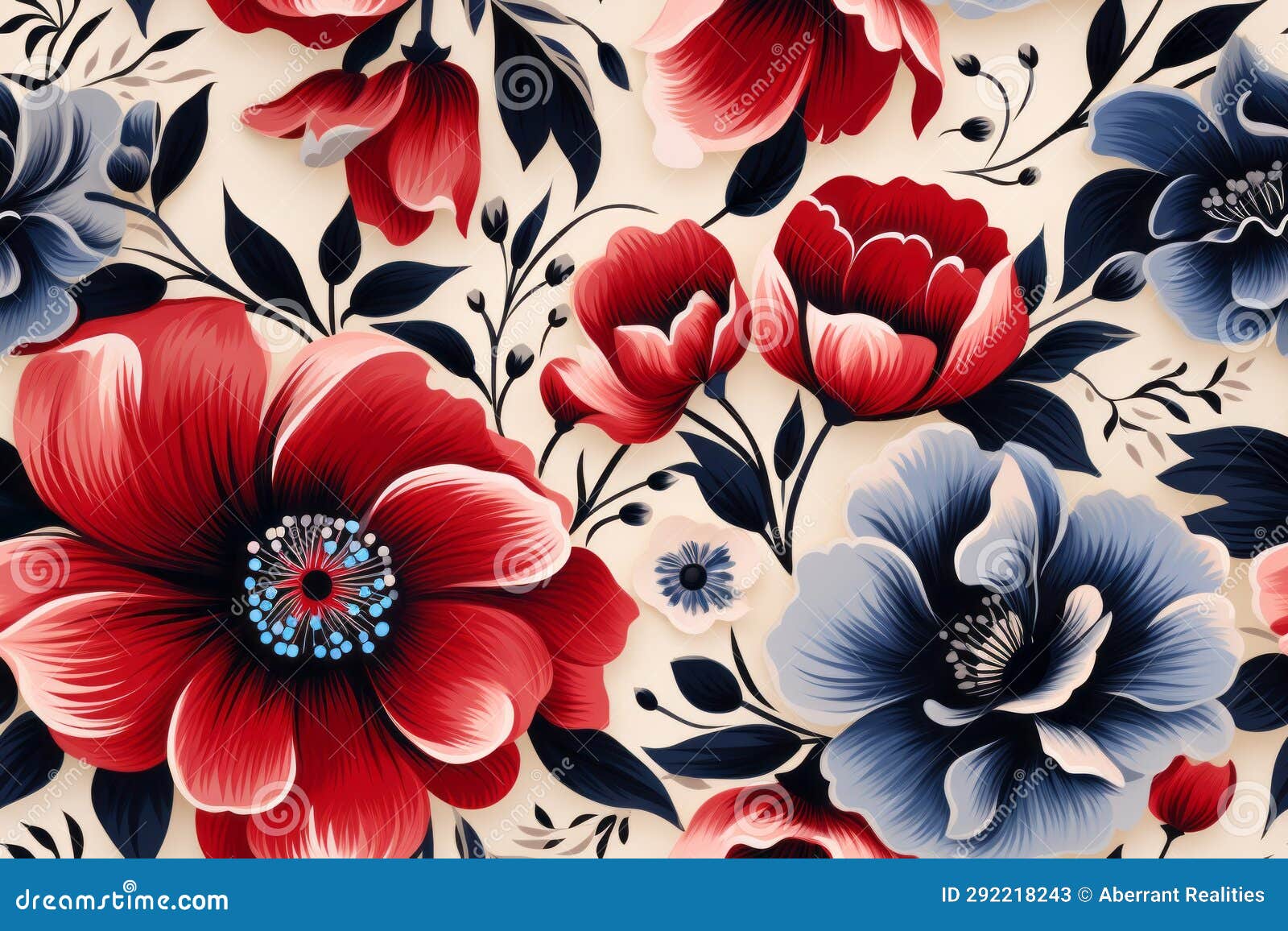 Seamless Floral Pattern with Red Blue and White Flowers Stock ...
