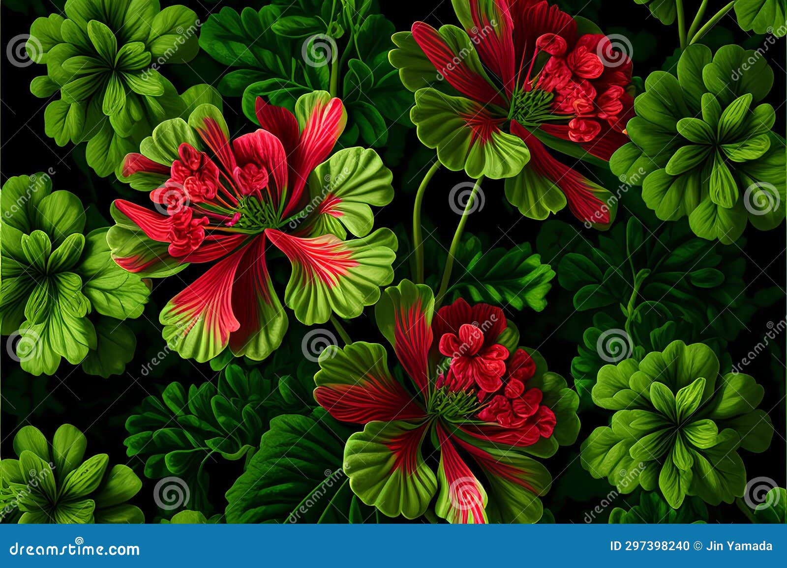 Seamless Floral Pattern with Red Geraniums and Green Leaves Stock ...