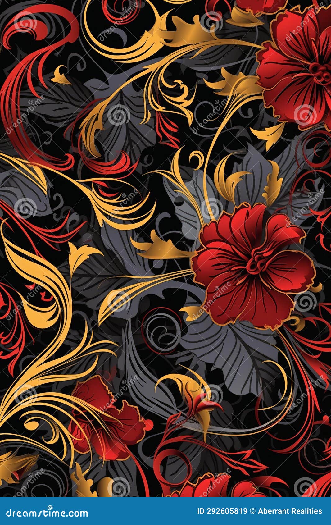 Seamless Floral Pattern with Red Gold and Black Flowers on a Black ...