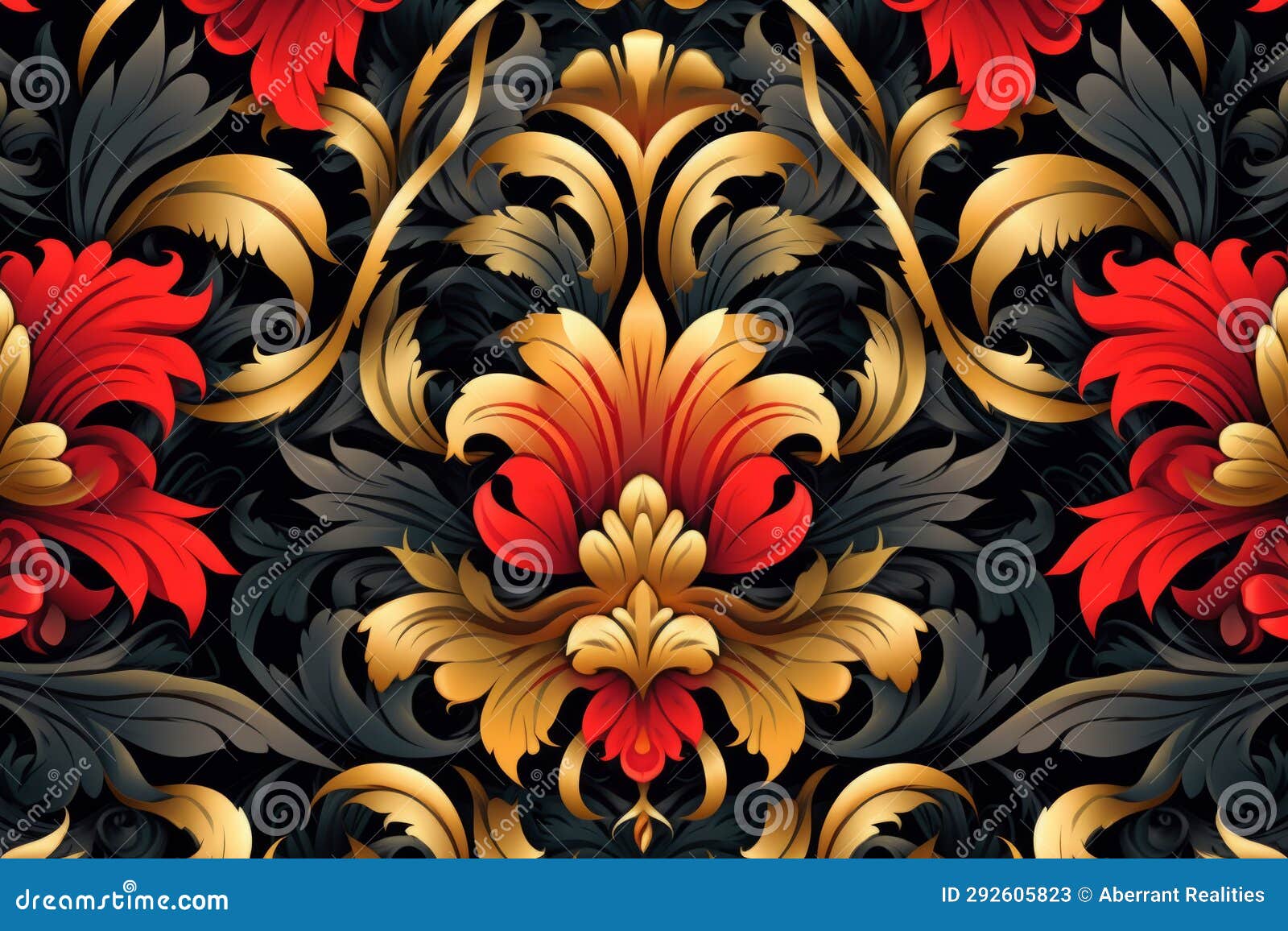 Seamless Floral Pattern with Red Gold and Black Flowers on a Black ...