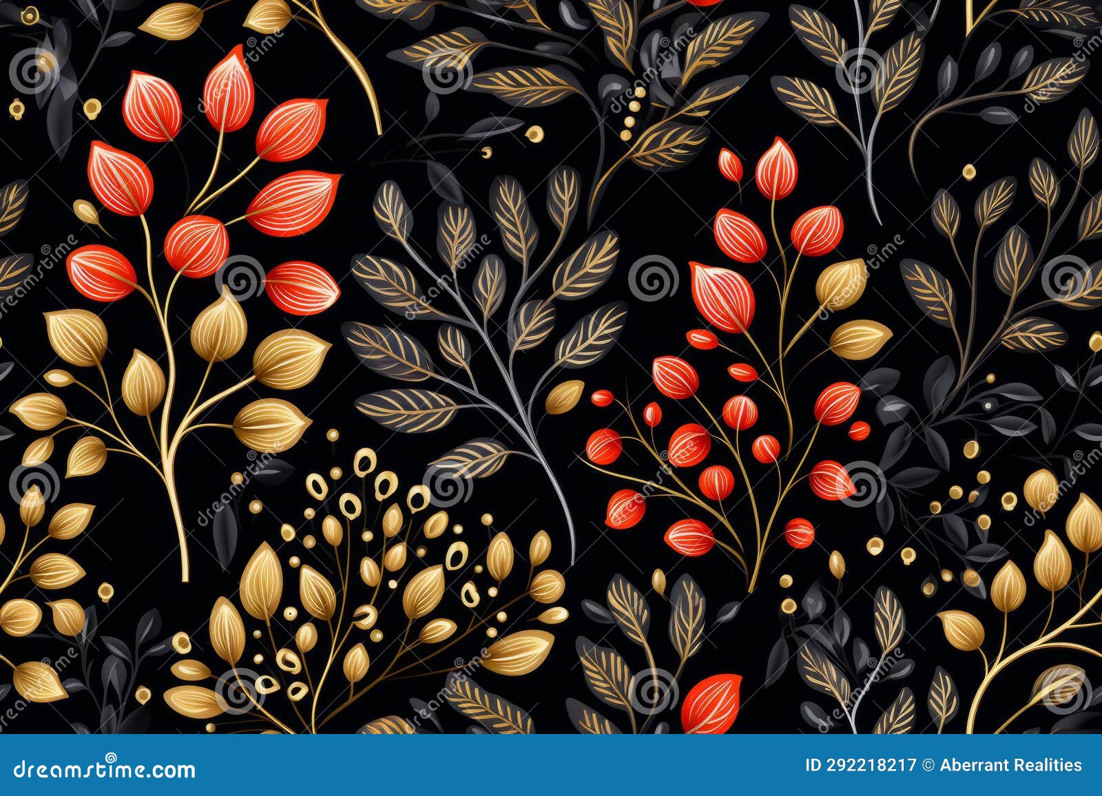 Seamless Floral Pattern with Red and Gold Leaves on Black Background ...