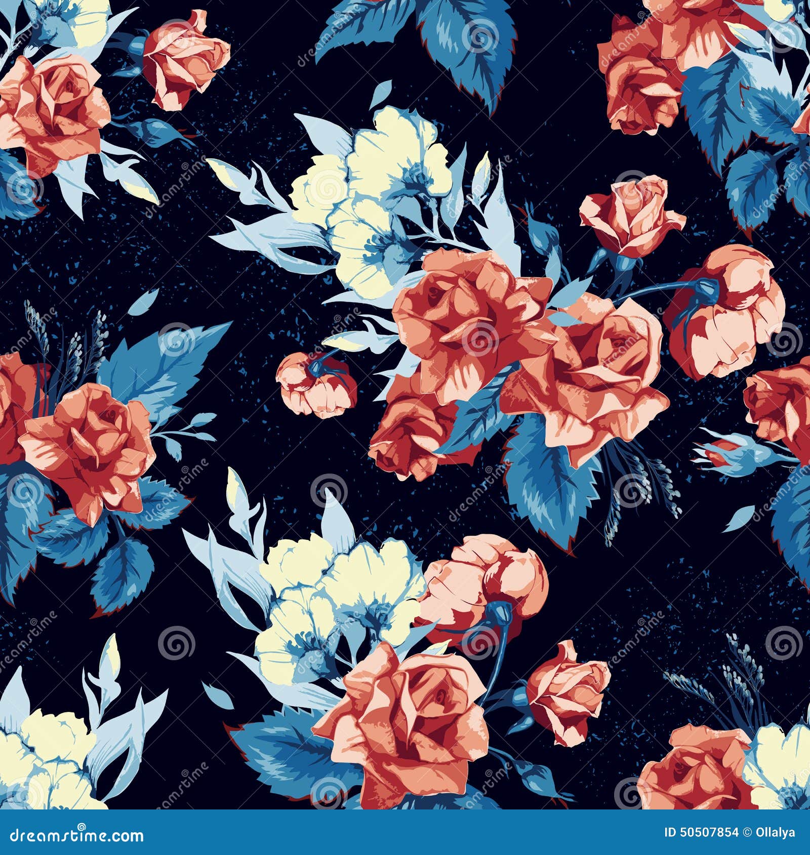 Seamless Floral Pattern with Red Roses on Blue Background Stock Vector ...