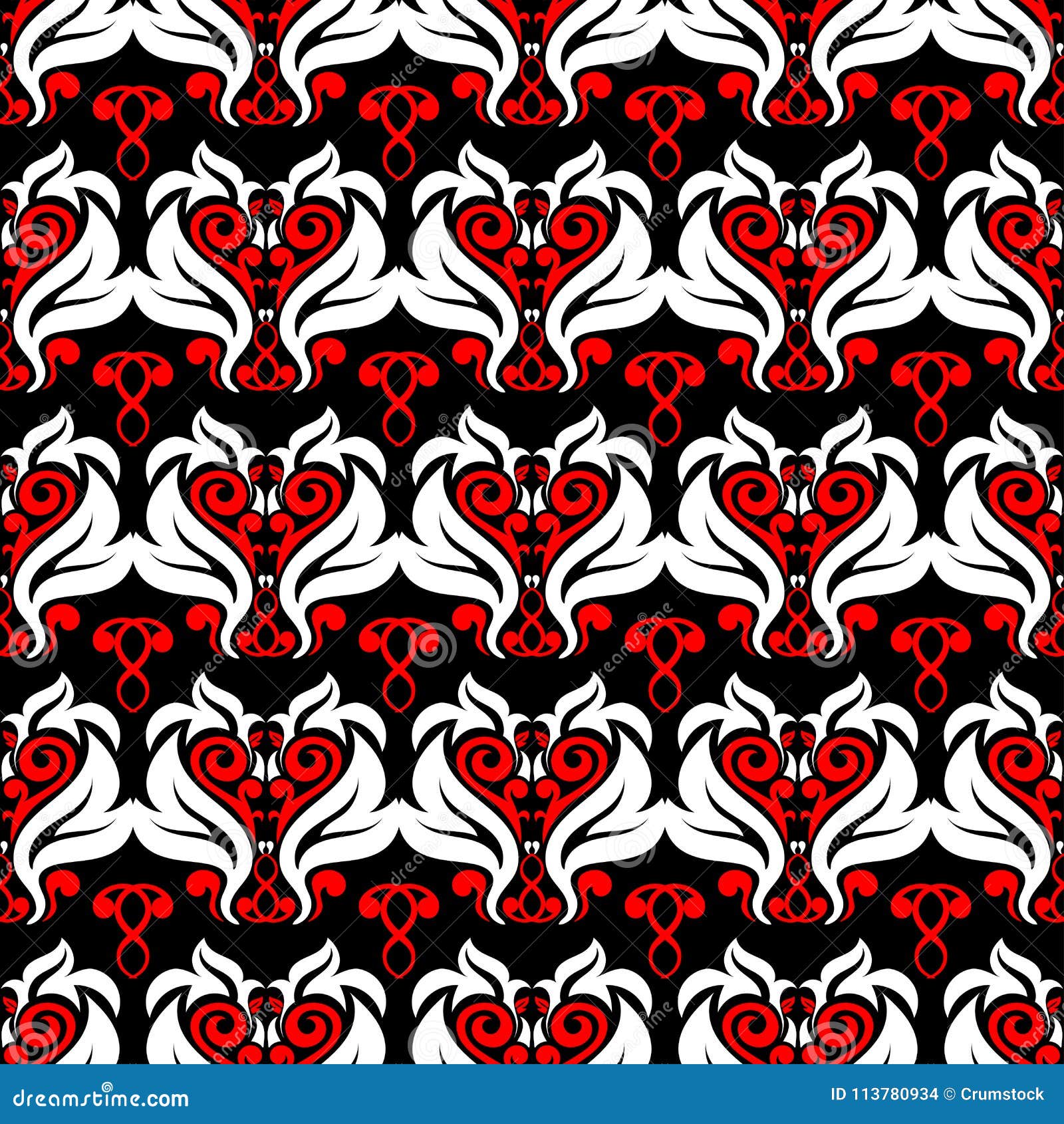 Seamless Floral Pattern. Red and White Elements on Black Background ...