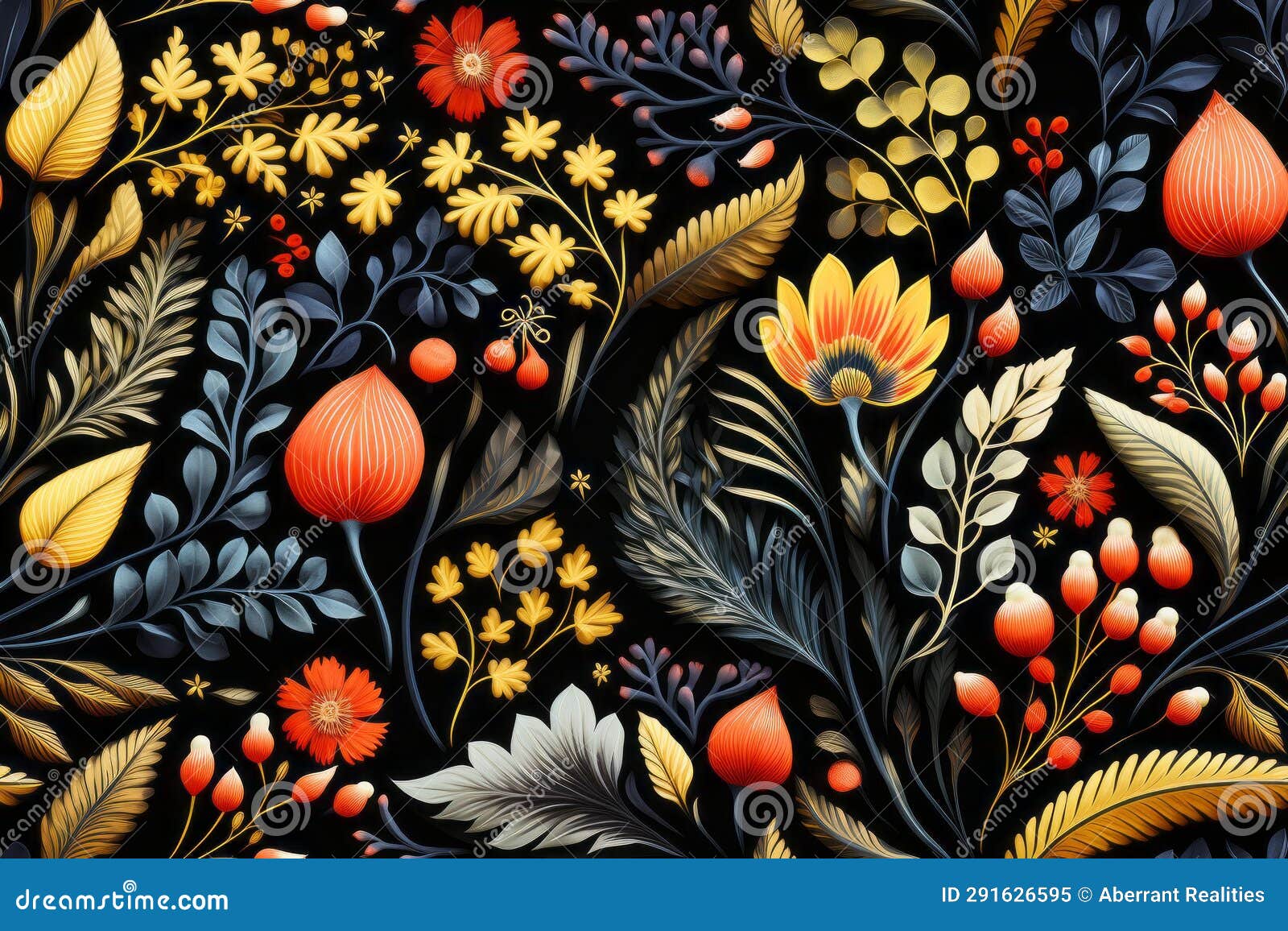 Seamless Floral Pattern with Red Yellow and Black Flowers on a Black ...