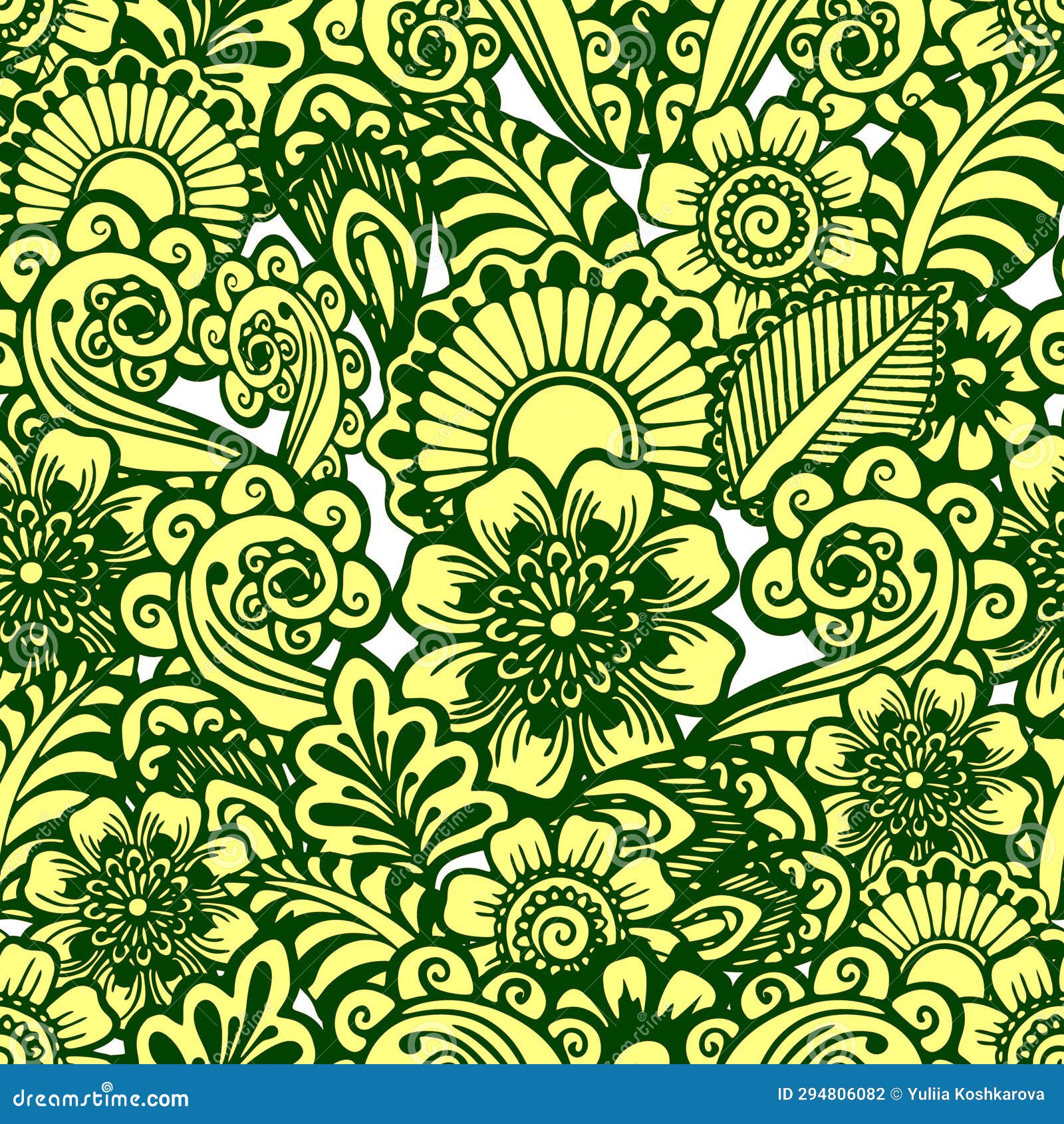 Seamless Floral Pattern Of Stylized Yellow Elements With Green Outline ...