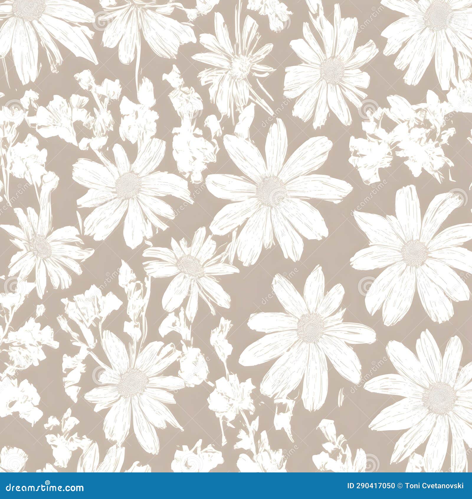 Seamless Floral Pattern with White Daisies on Beige Background Stock ...