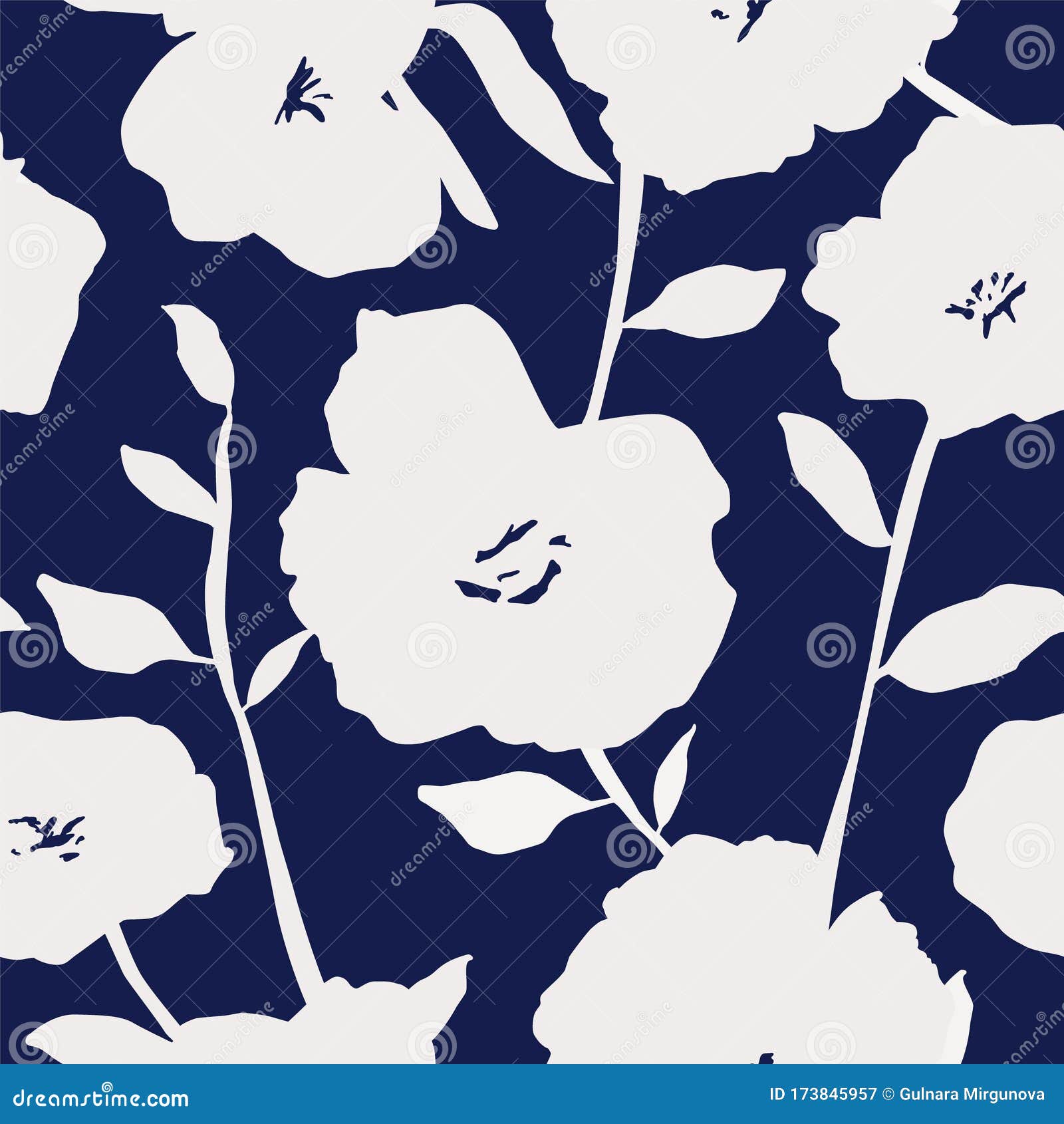 Abstract Vintage Seamless Floral Pattern White Flowers On Dark Blue