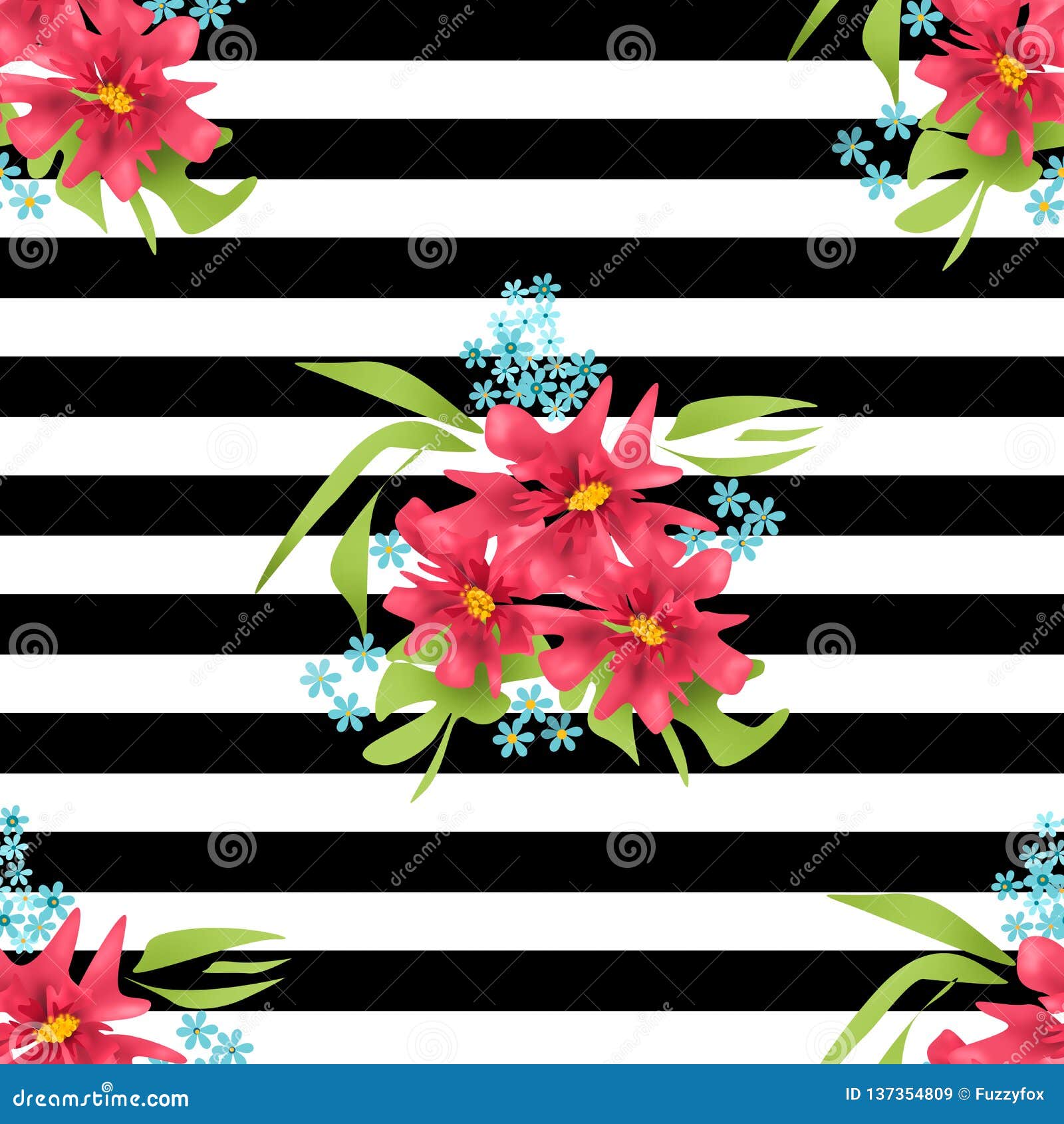 Seamless Floral Pink Flowers on Striped Lined Pattern Stock ...