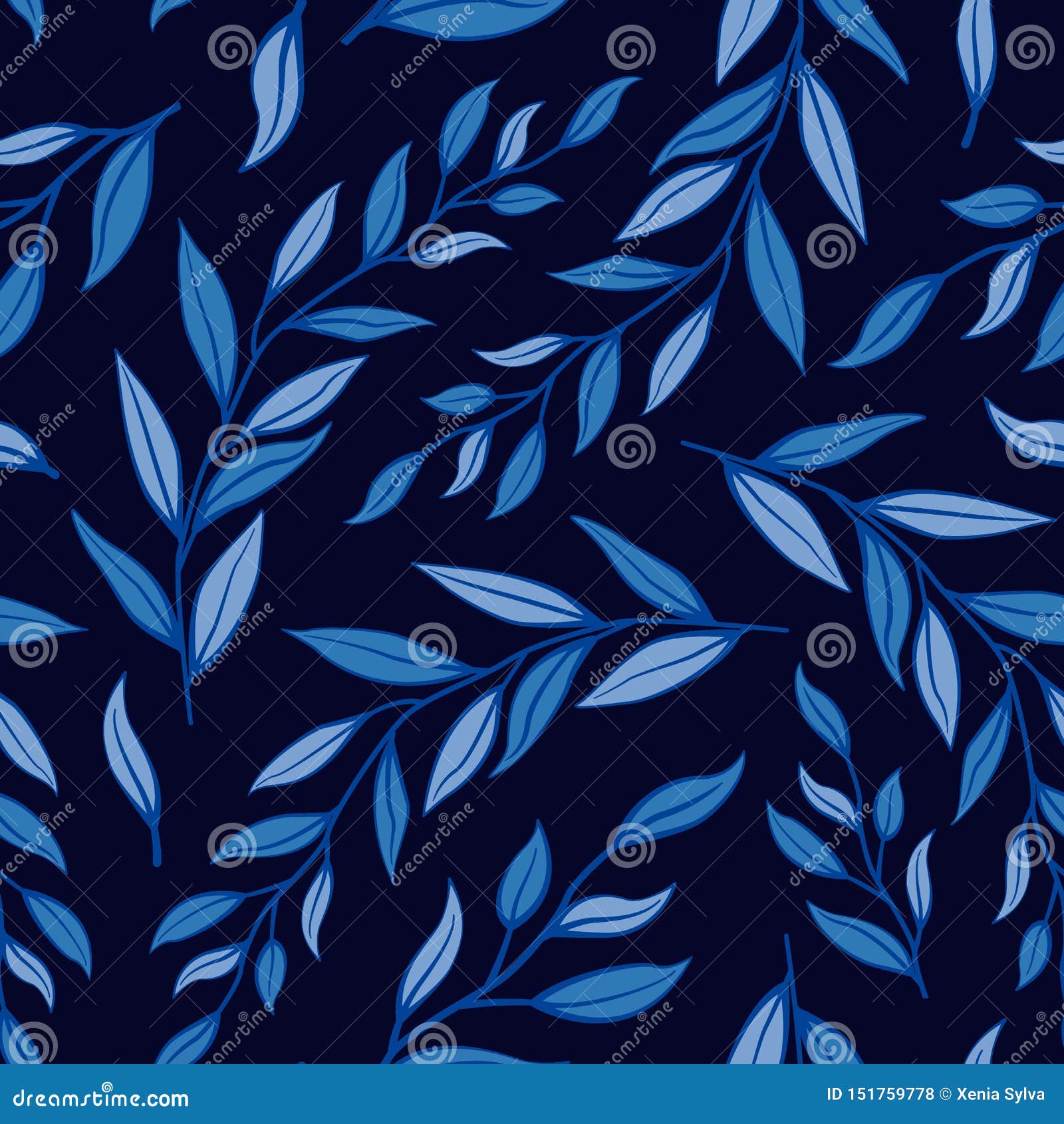 Seamless Floral Summer Pattern. Vector Branches with Blue Leaves on ...