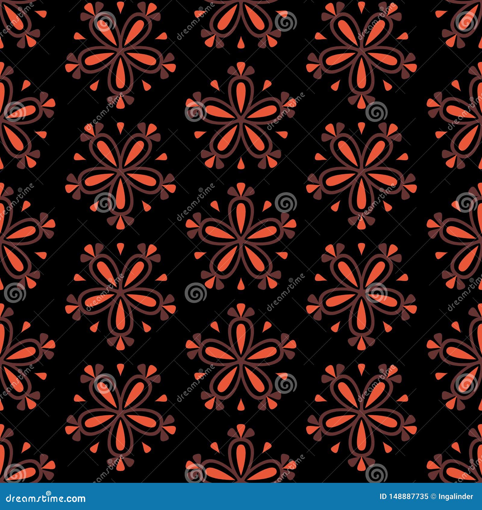 Seamless Floral Vector Pattern with Red Flowers on Black Background ...