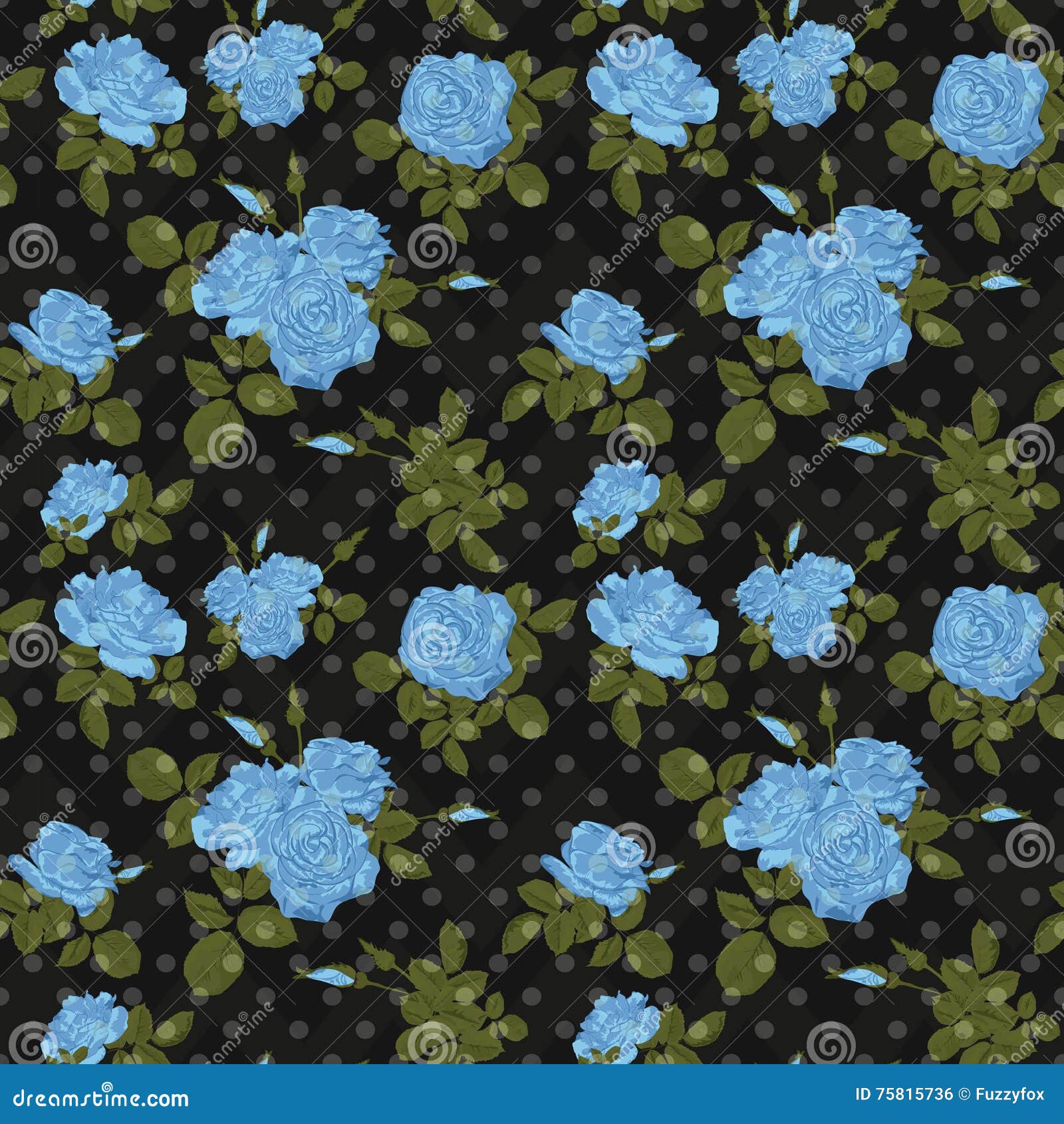 Seamless Flower Blue Roses Pattern on Black Stock Illustration ...