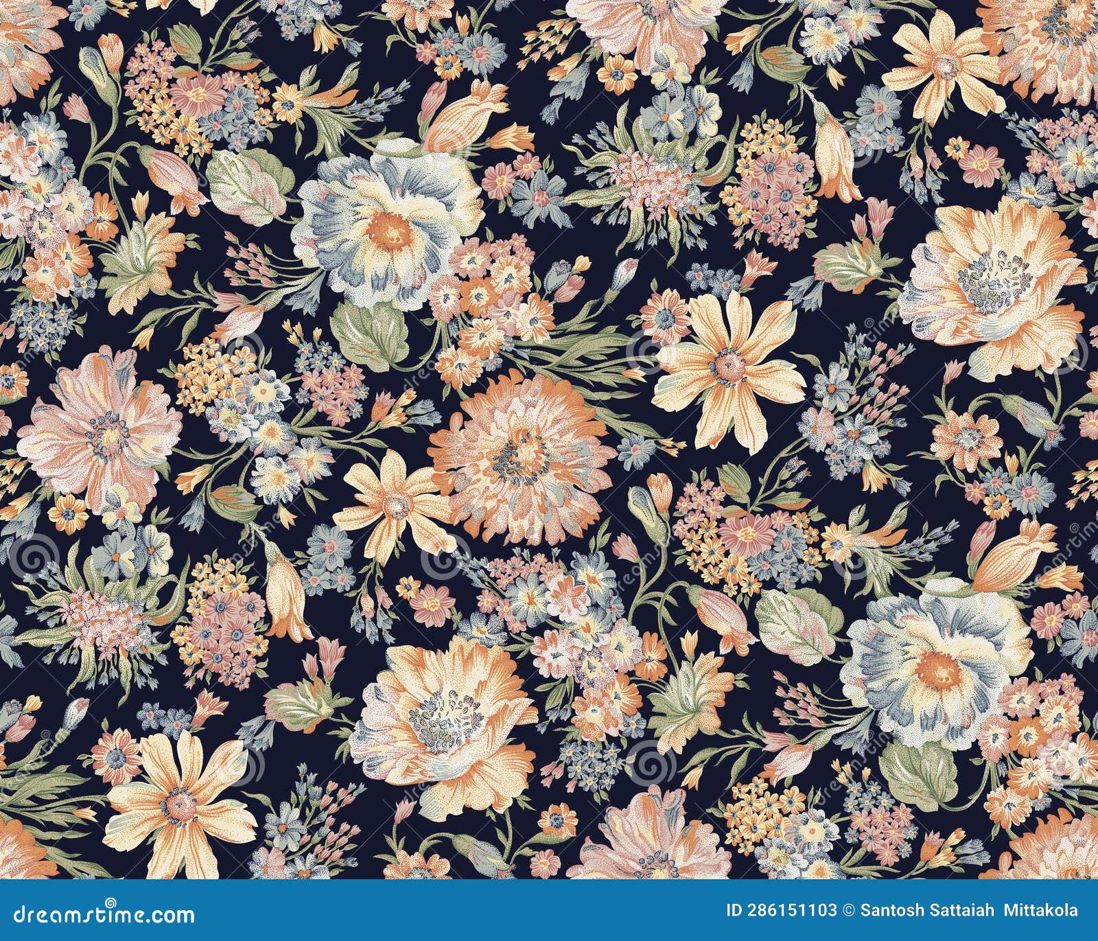 Seamless Flower Pattern with Navy Background Stock Illustration ...