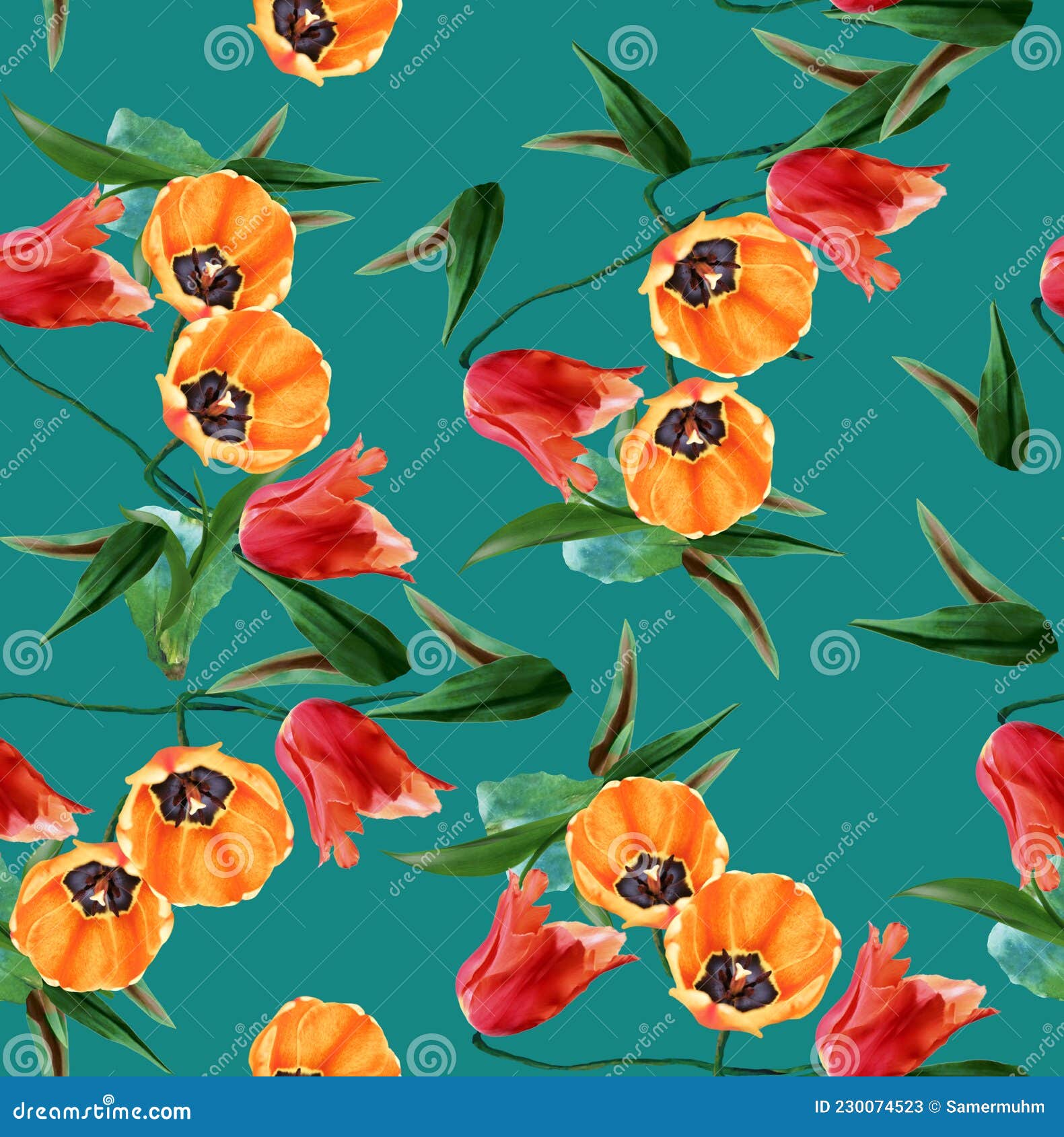 Seamless Flowers Pattern with Leaves on Turquoise Background Ready for ...