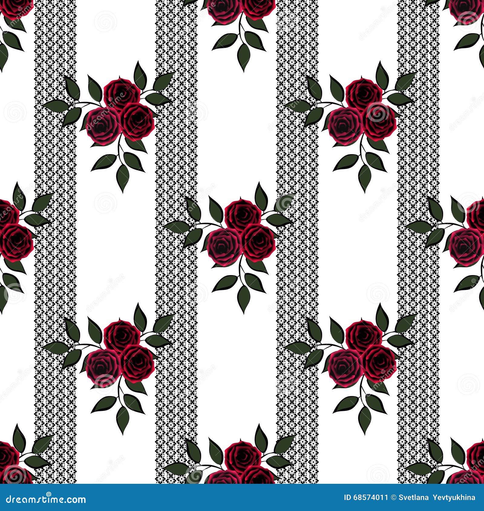 Seamless Flowers of Roses Pattern on White Background in Black Stripe ...