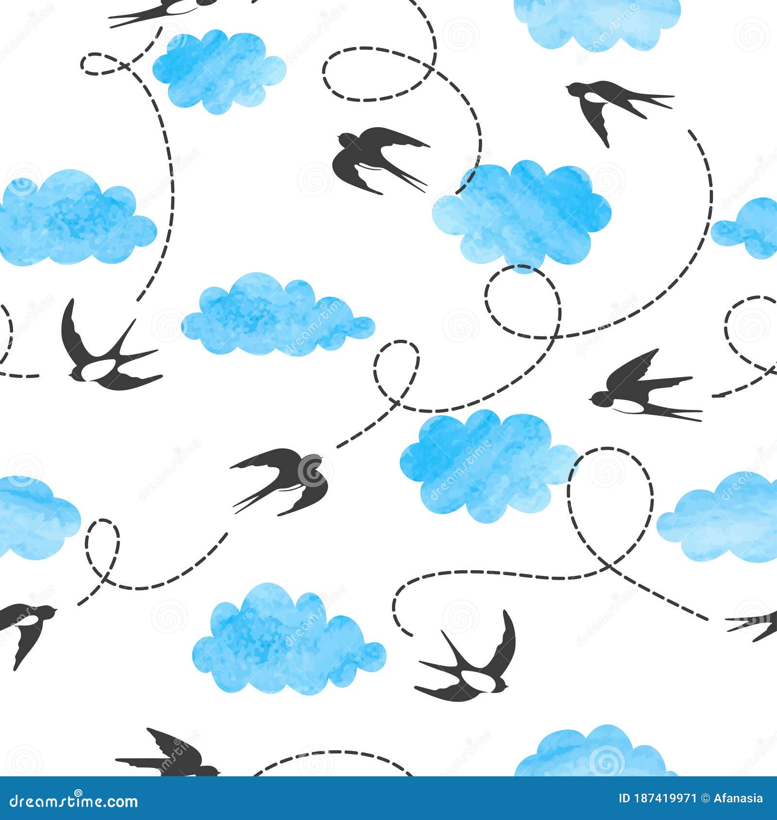 Seamless Flying Swallows and Blue Watercolor Clouds Pattern Stock ...