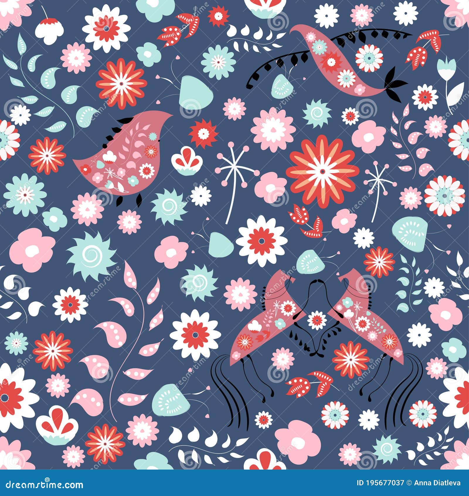 Seamless Folk Pattern with Flowers and Animals, Vector Illustration ...