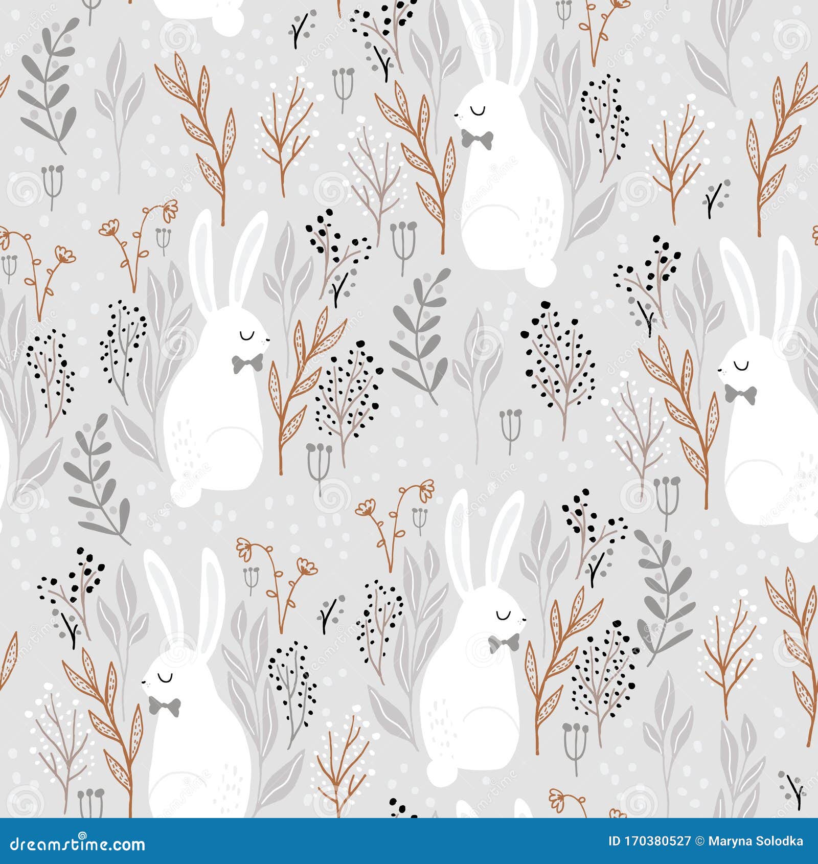 Seamless Forest Pattern with Adorable Rabbits in Floral Elements ...