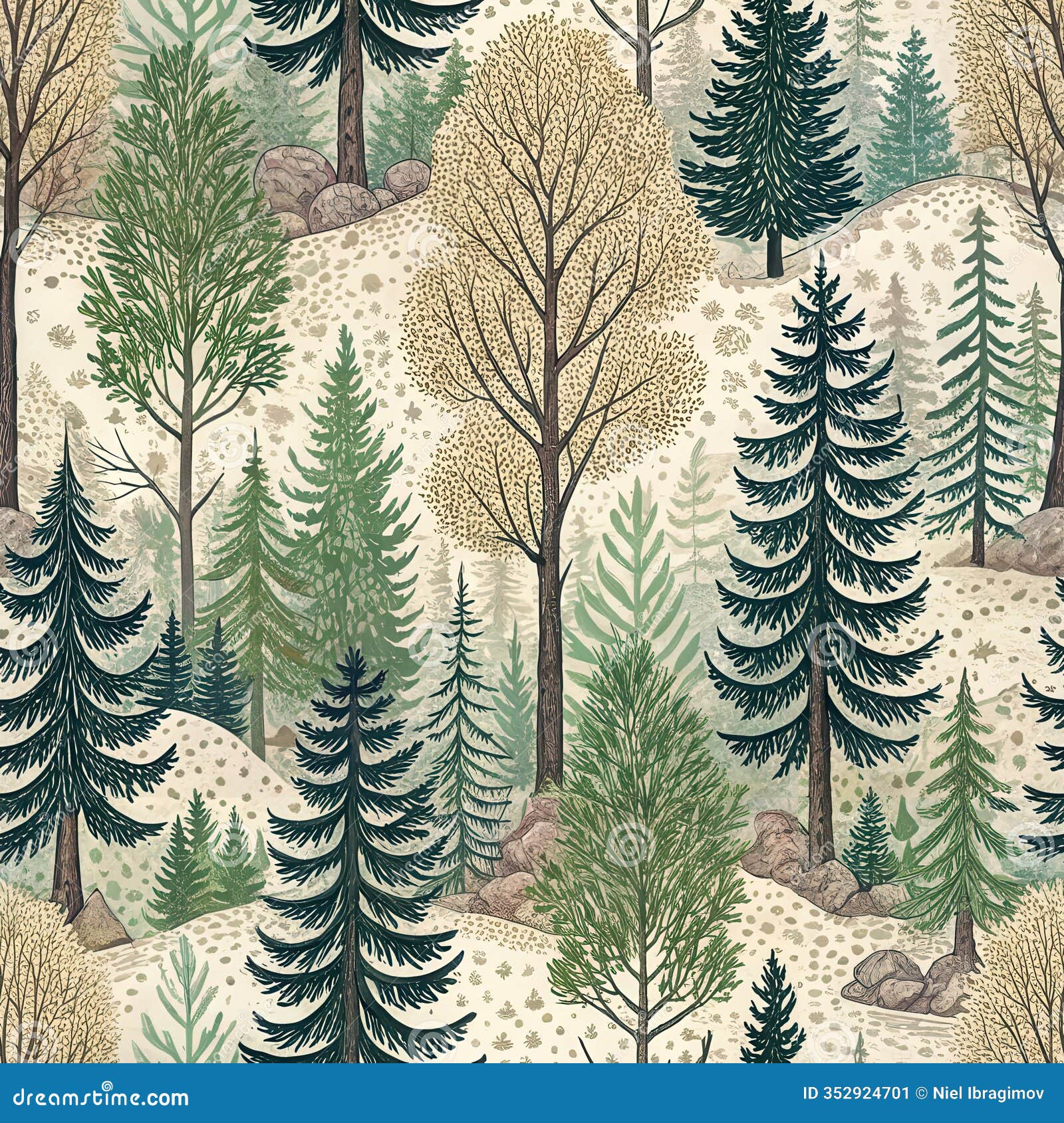 Seamless Forest Pattern with Diverse Tree Varieties and Natural Colors ...
