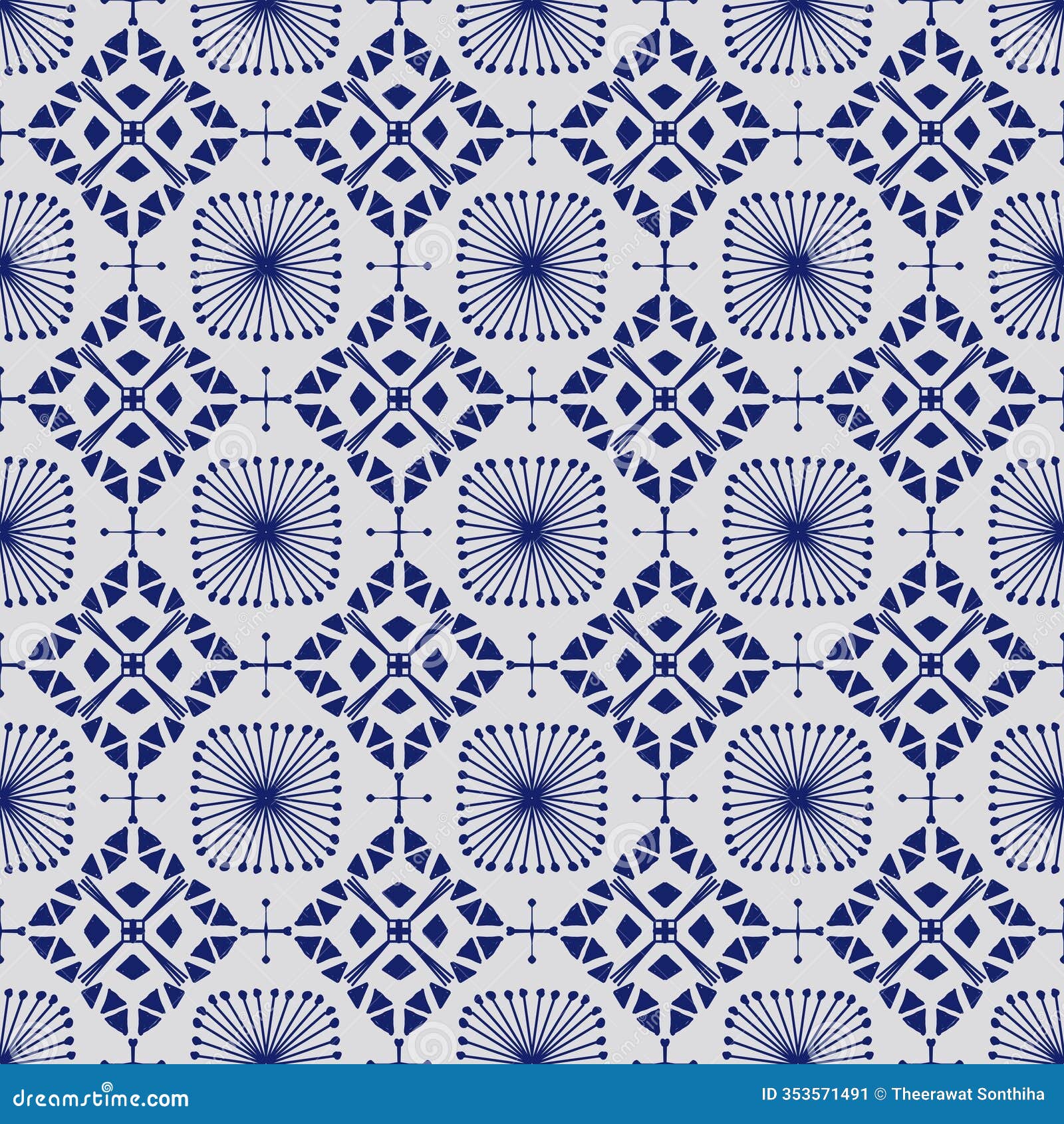 Seamless Geometric Pattern with Bold Blue Radial and Diamond Shapes, Creating a Symmetrical Tile ...