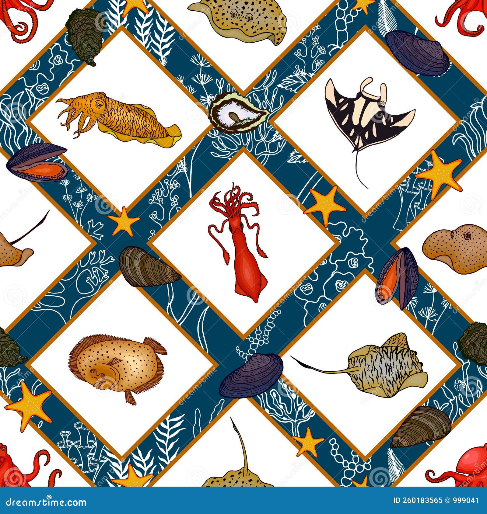 Seamless Pattern of Marine Animals, Squares. Vector Stock Illustration ...