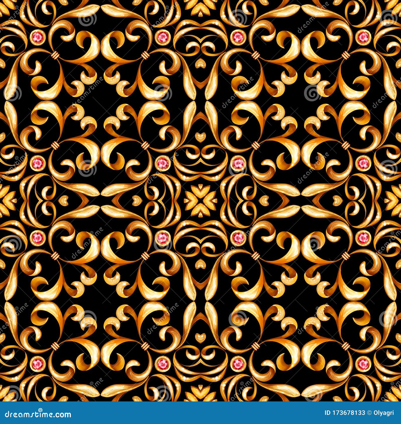 Seamless Gold Pattern with Scrolls and Gems Stock Illustration ...