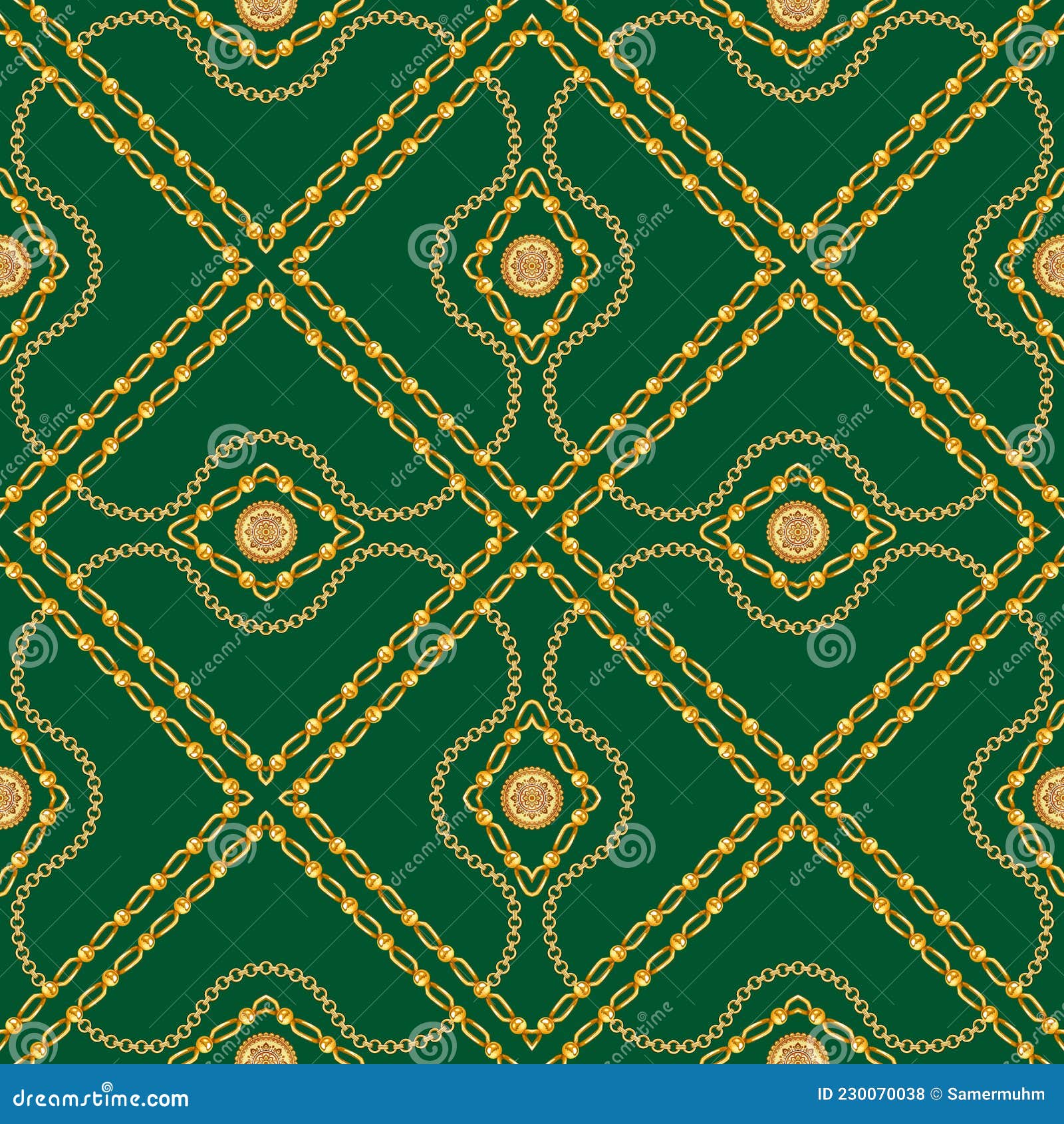 Seamless Golden Chains Pattern, on Dark Green Background. Ready for ...