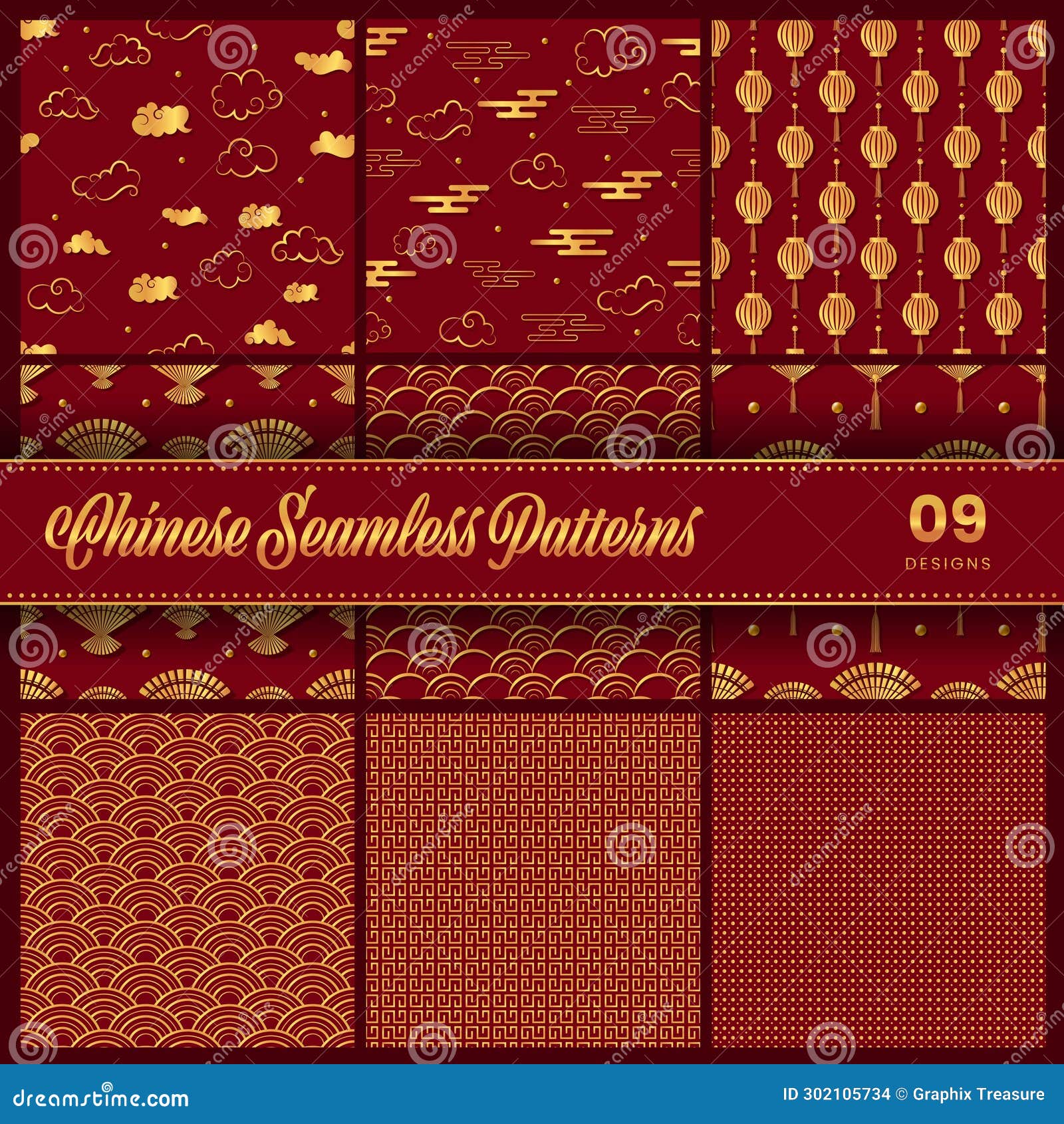 09 Seamless Golden Chinese Pattern Collection, Abstract Vector ...