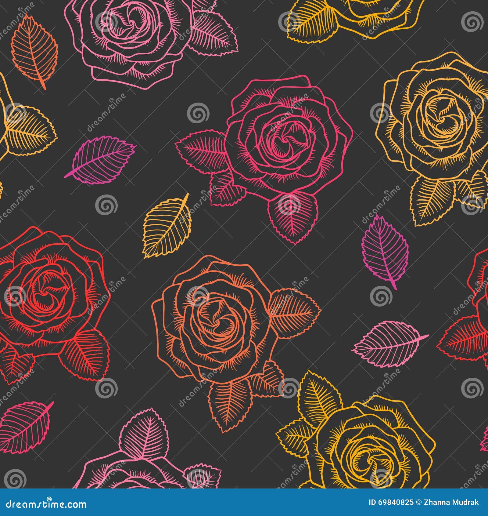 Seamless Graphic Contour Roses Red and Orange Pattern Stock Vector ...