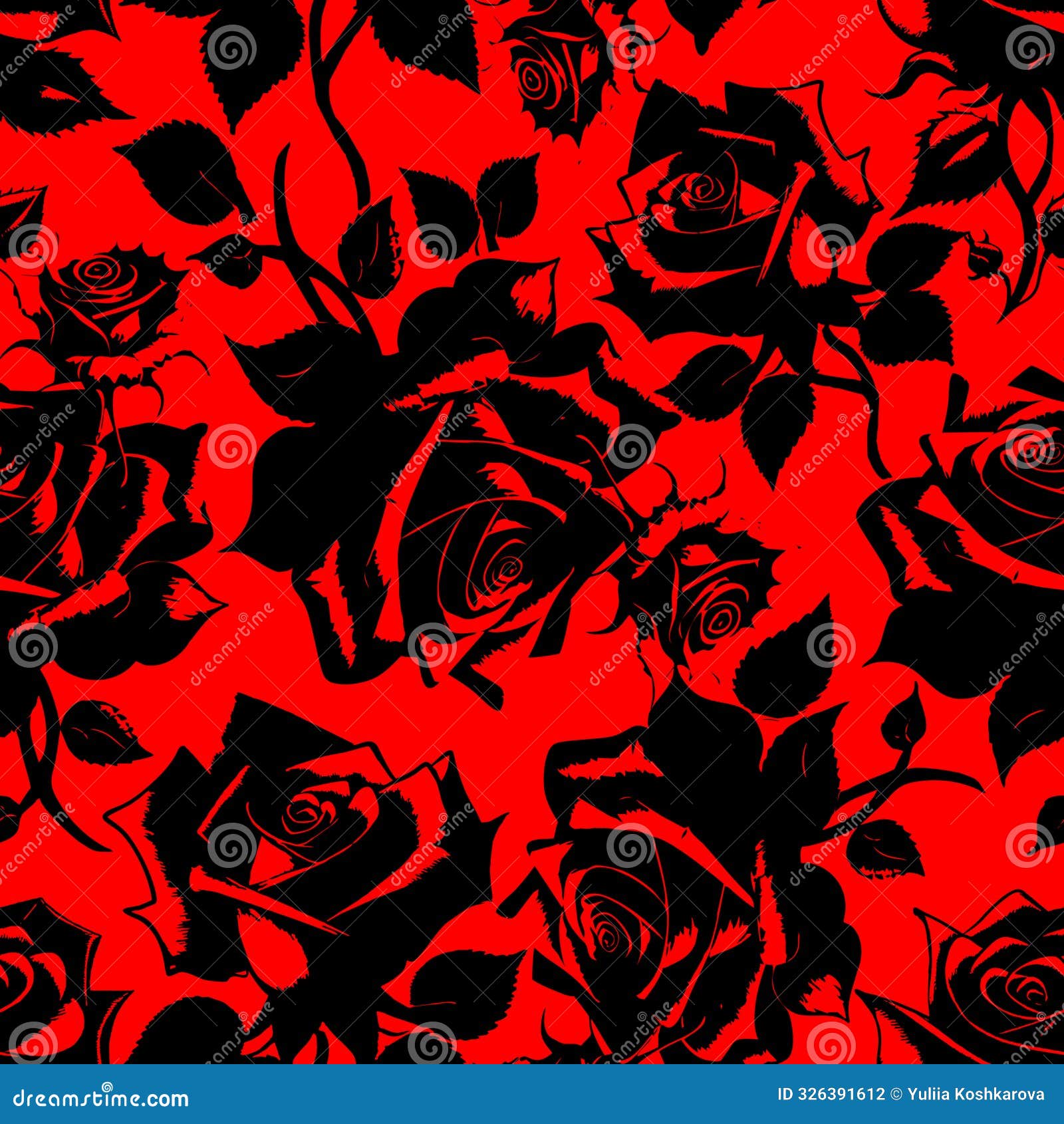 Seamless Graphic Floral Pattern Black Roses on Red Background, Texture ...