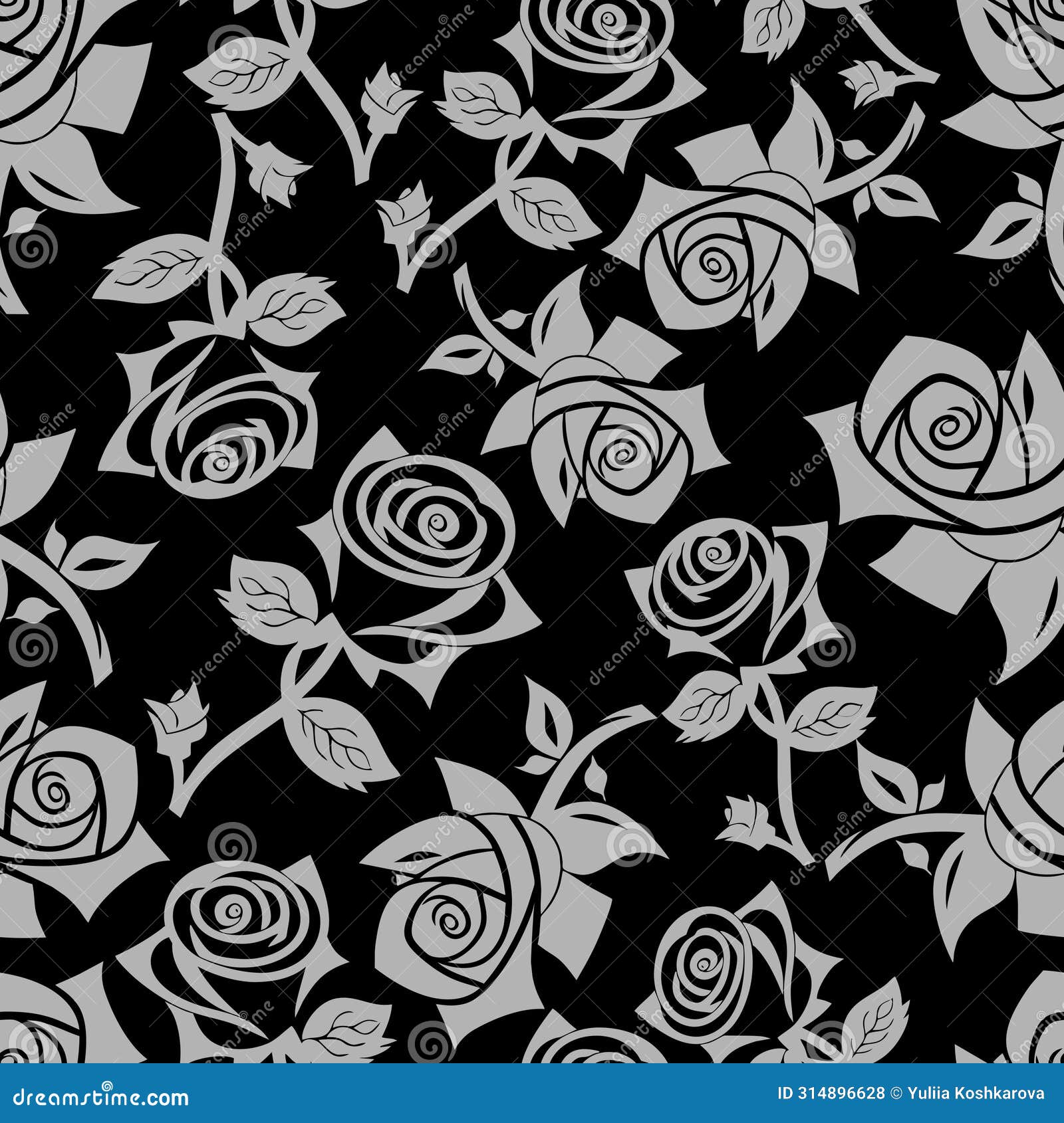 Seamless Graphic Floral Pattern of Gray Roses on a Black Background ...